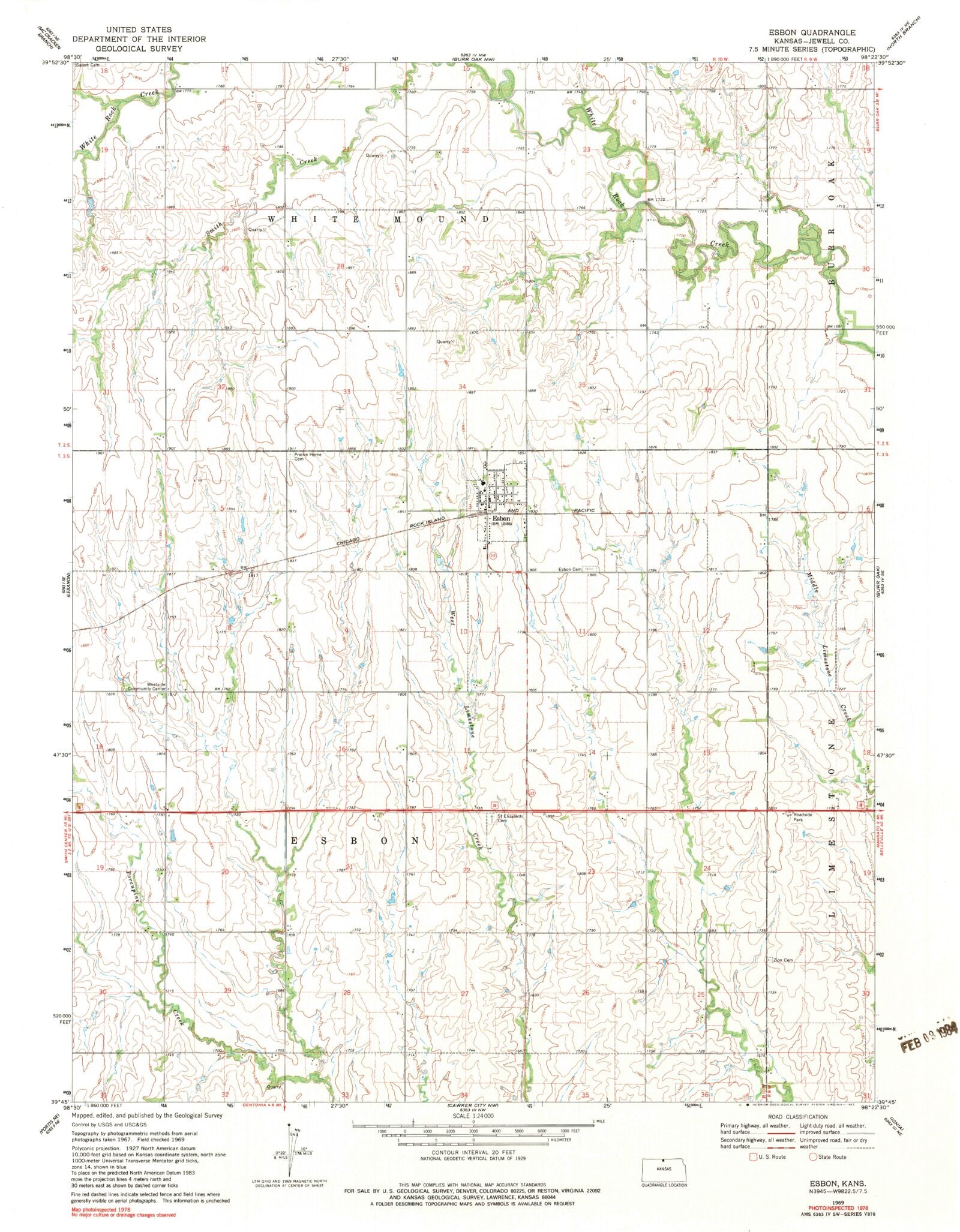 Classic USGS Esbon Kansas 7.5'x7.5' Topo Map – MyTopo Map Store