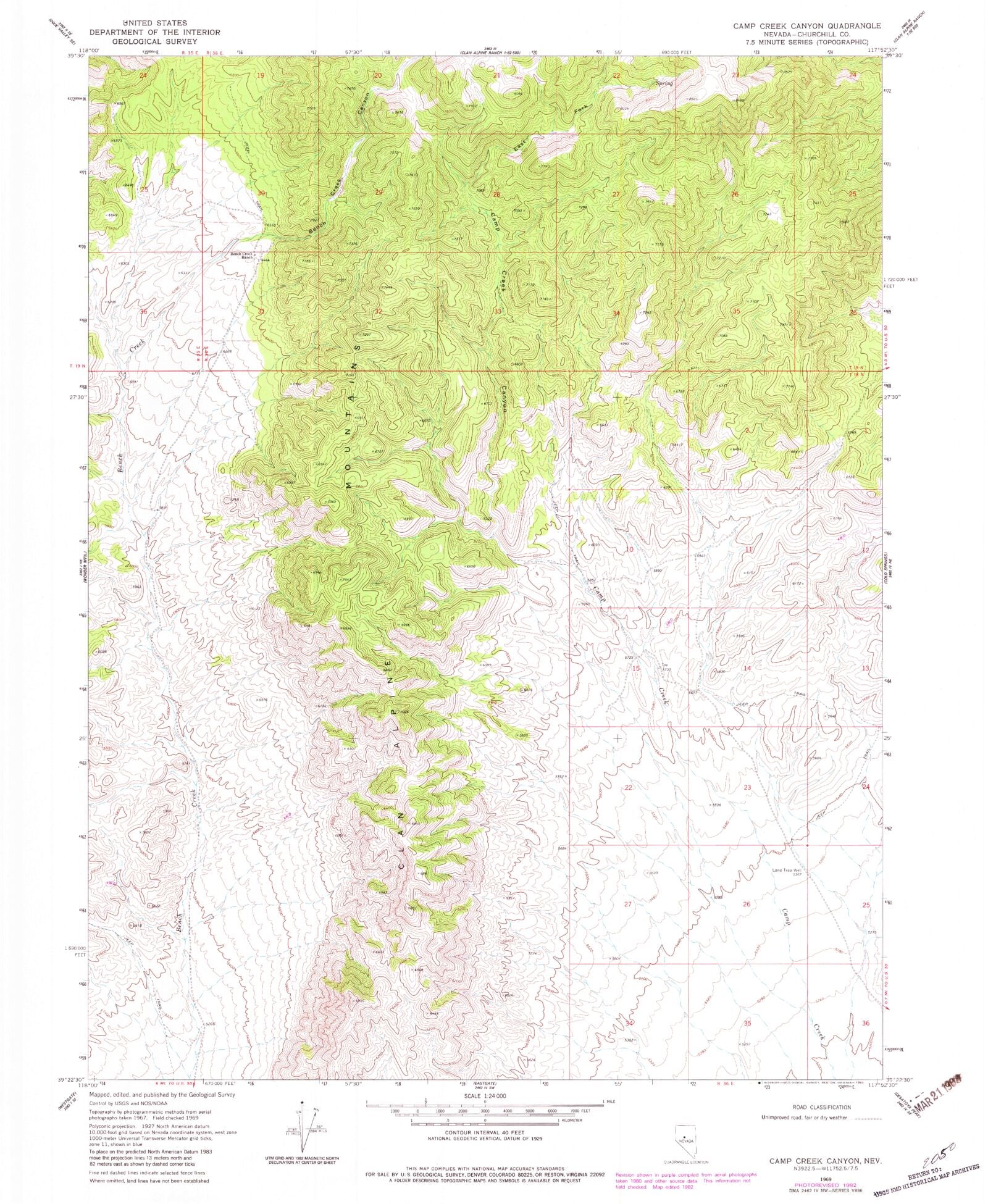 Classic USGS Camp Creek Canyon Nevada 7.5'x7.5' Topo Map – MyTopo Map Store