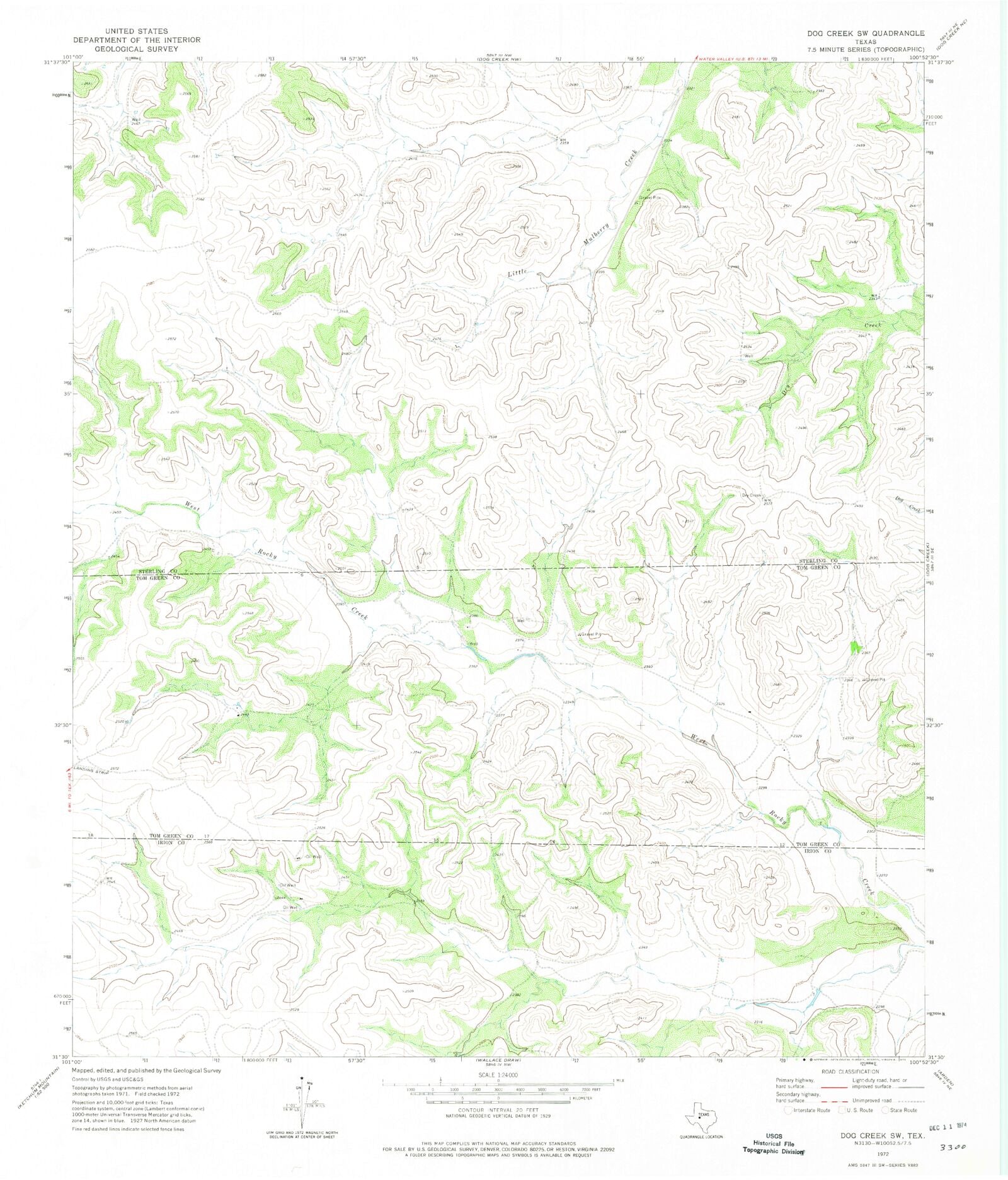 Classic USGS Dog Creek SW Texas 7.5'x7.5' Topo Map – MyTopo Map Store