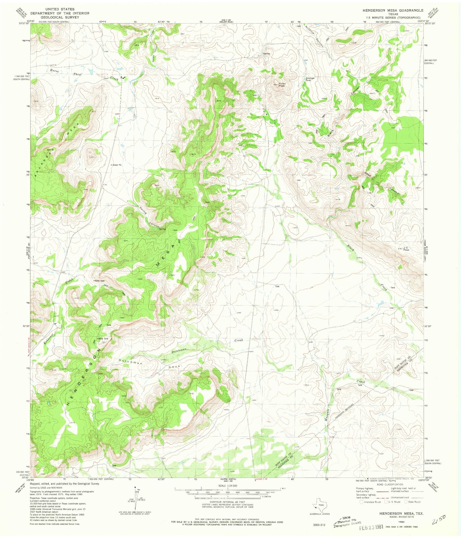 Classic USGS Henderson Mesa Texas 7.5'x7.5' Topo Map – MyTopo Map Store