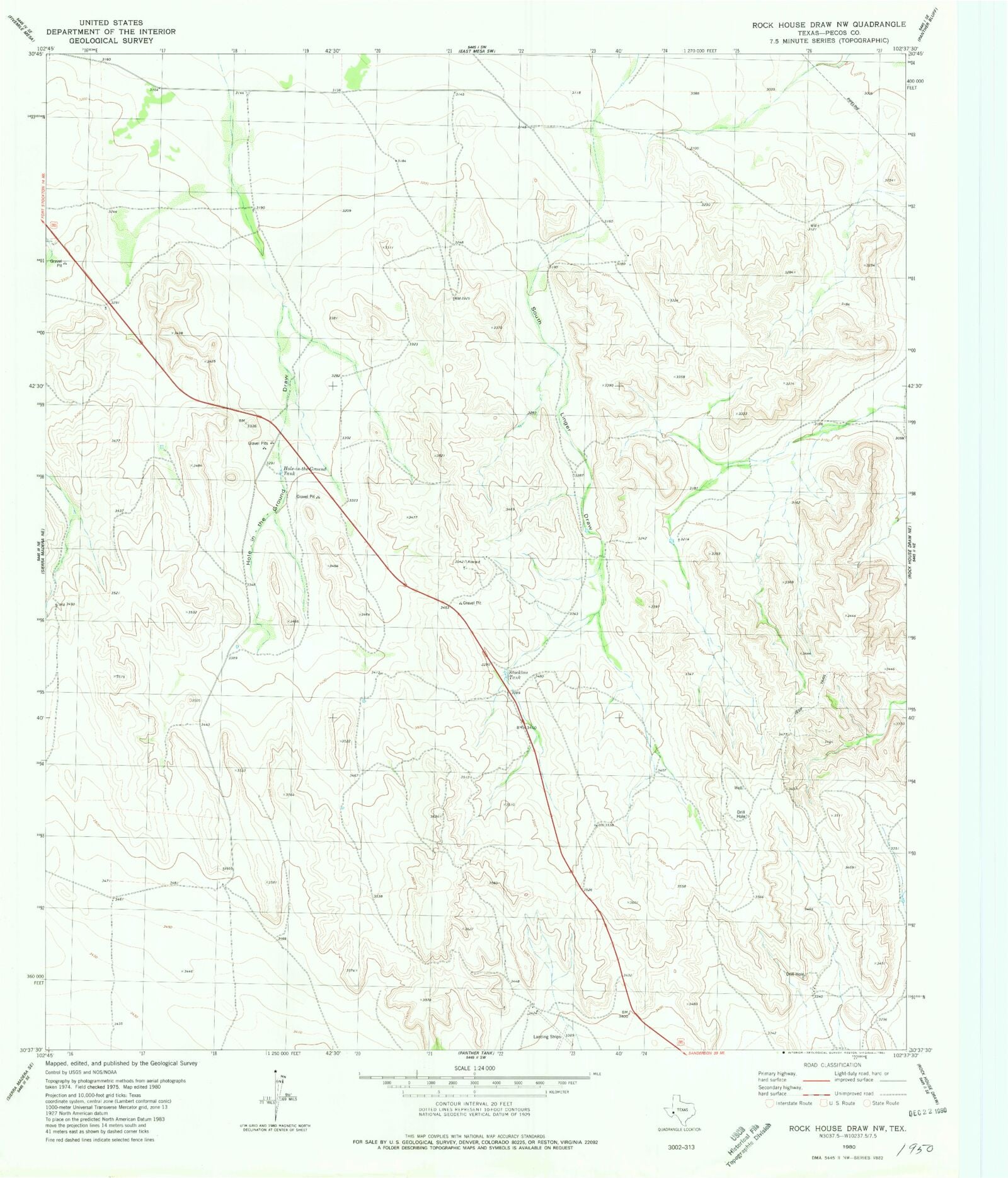 Classic USGS Rock House Draw NW Texas 7.5'x7.5' Topo Map – MyTopo Map Store