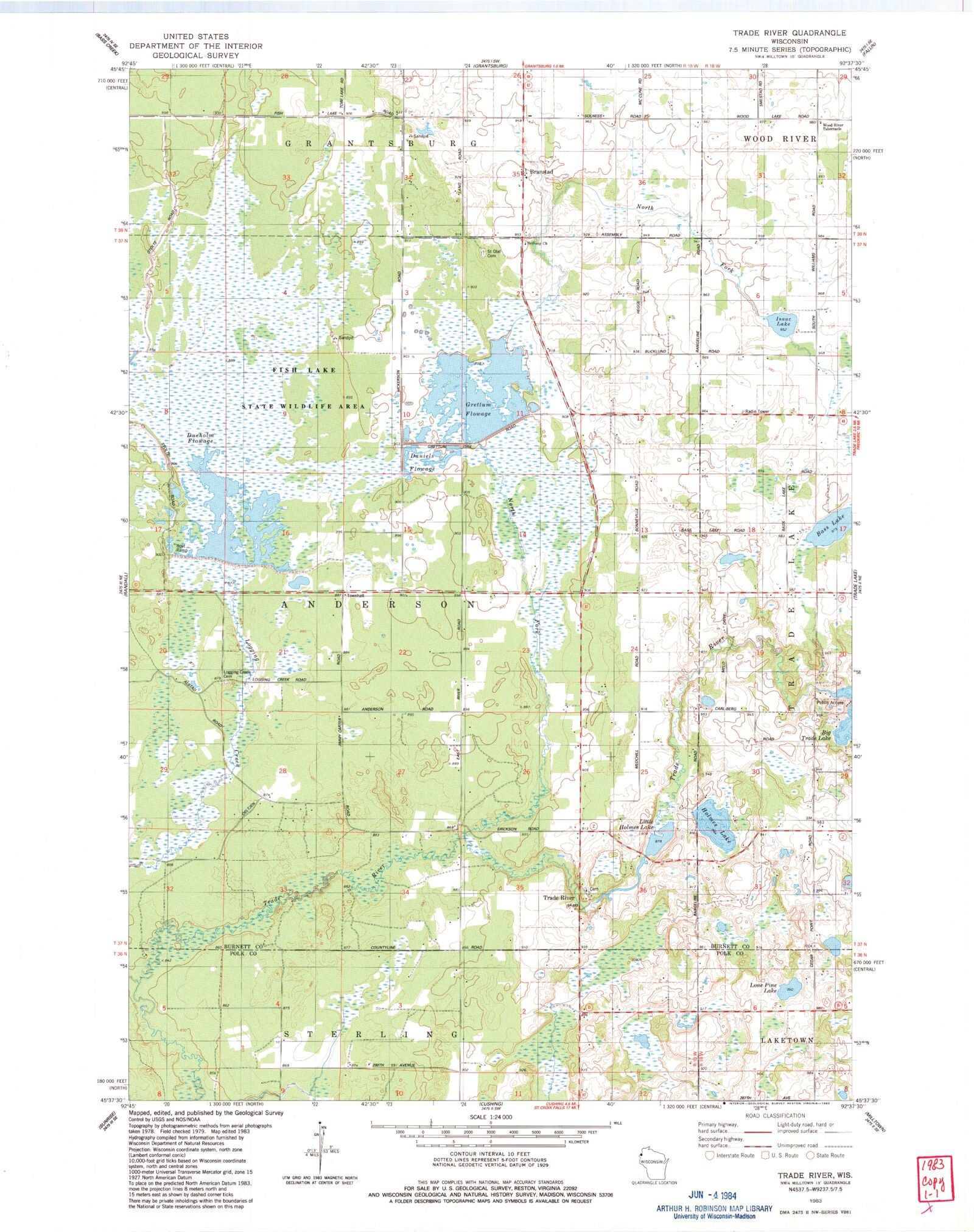 Classic USGS Trade River Wisconsin 7.5'x7.5' Topo Map – MyTopo Map Store