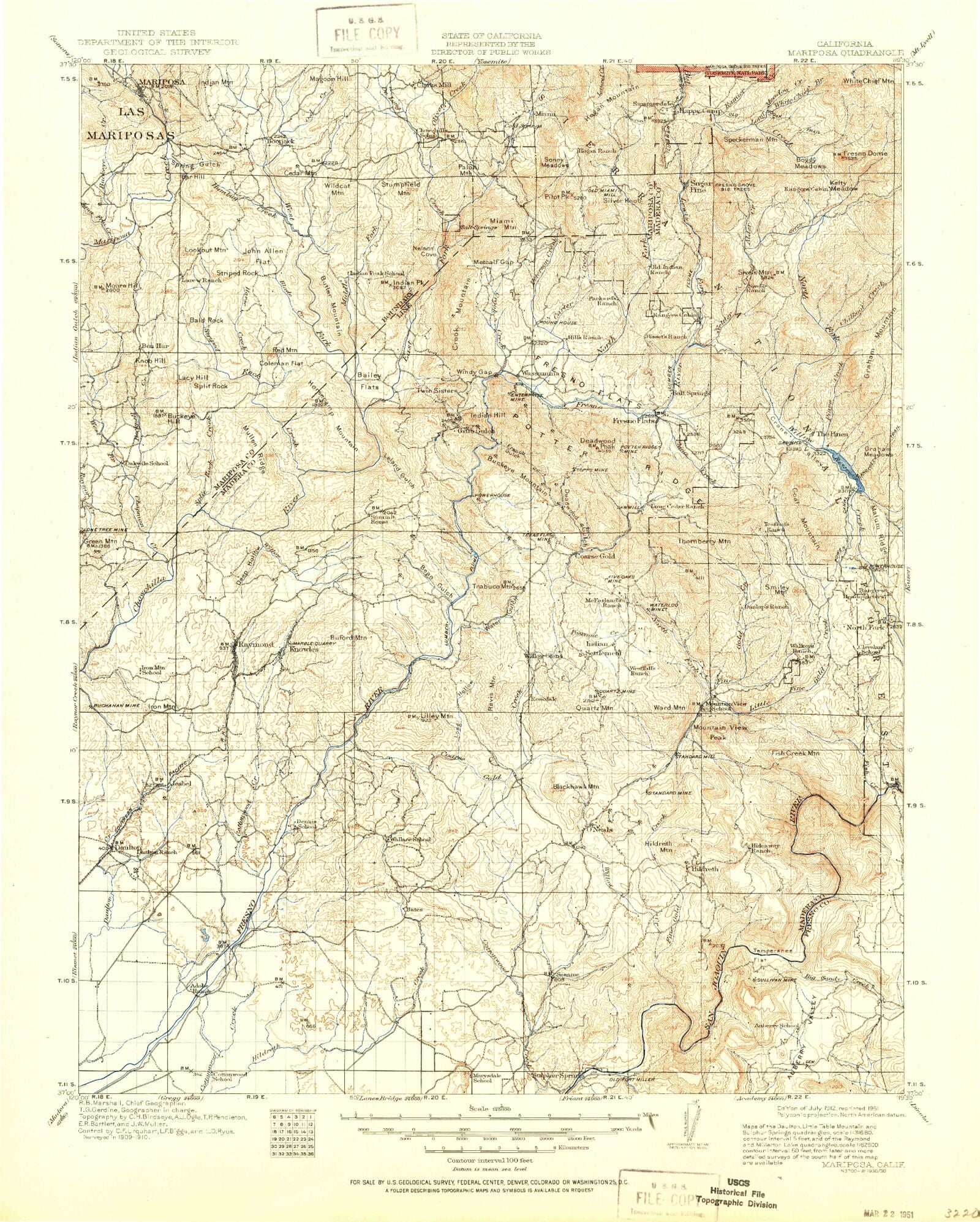Historic 1912 Mariposa California 30'x30' Topo Map – MyTopo Map Store