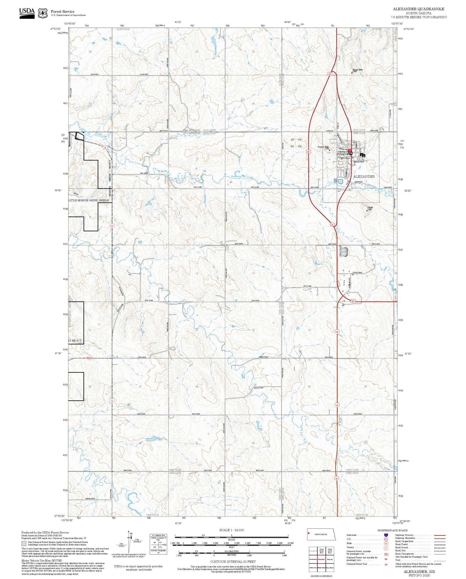 2025 Forest Service Topo Map of Alexander North Dakota – MyTopo Map Store