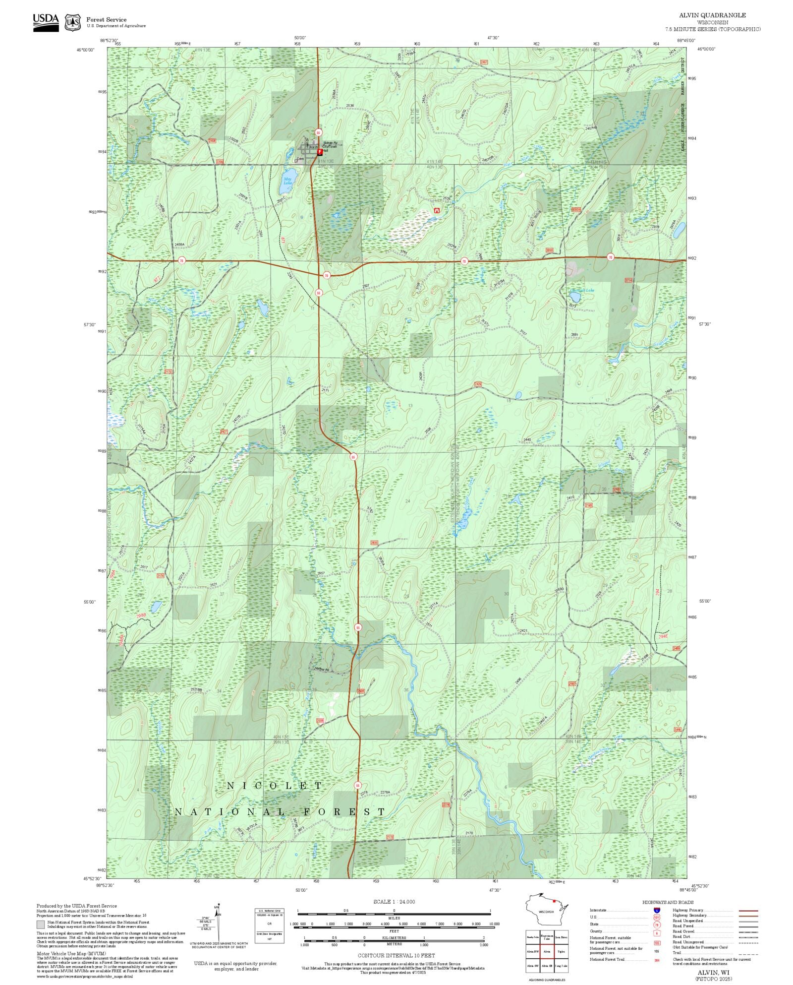 2025 Forest Service Topo Map of Alvin Wisconsin – MyTopo Map Store