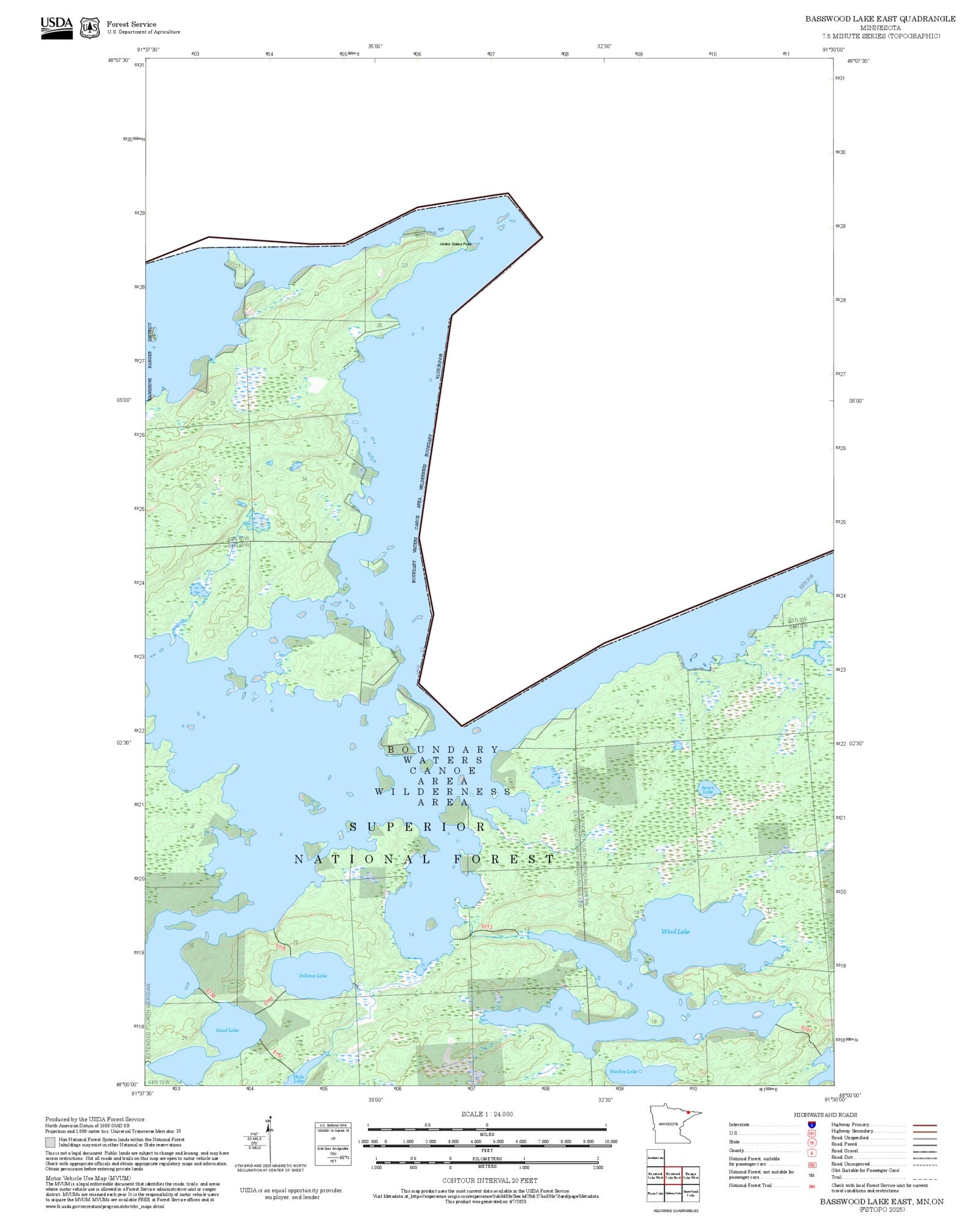2025 Forest Service Topo Map of Basswood Lake East Minnesota – MyTopo ...