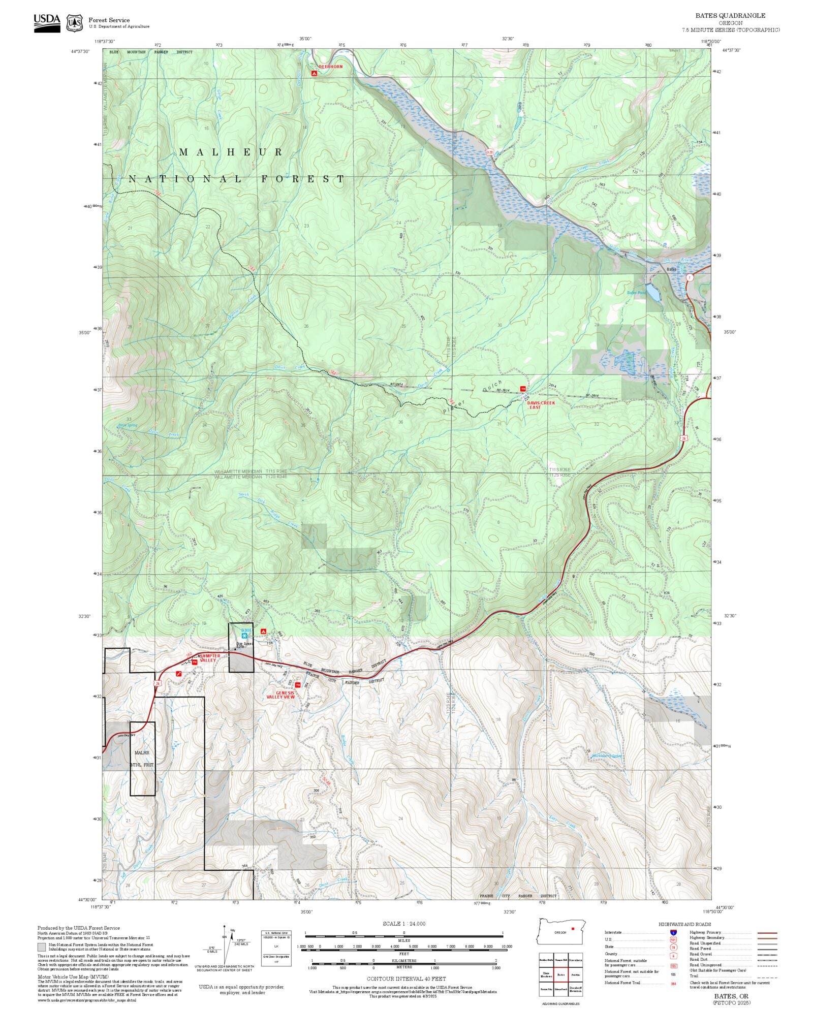 2025 Forest Service Topo Map of Bates Oregon – MyTopo Map Store