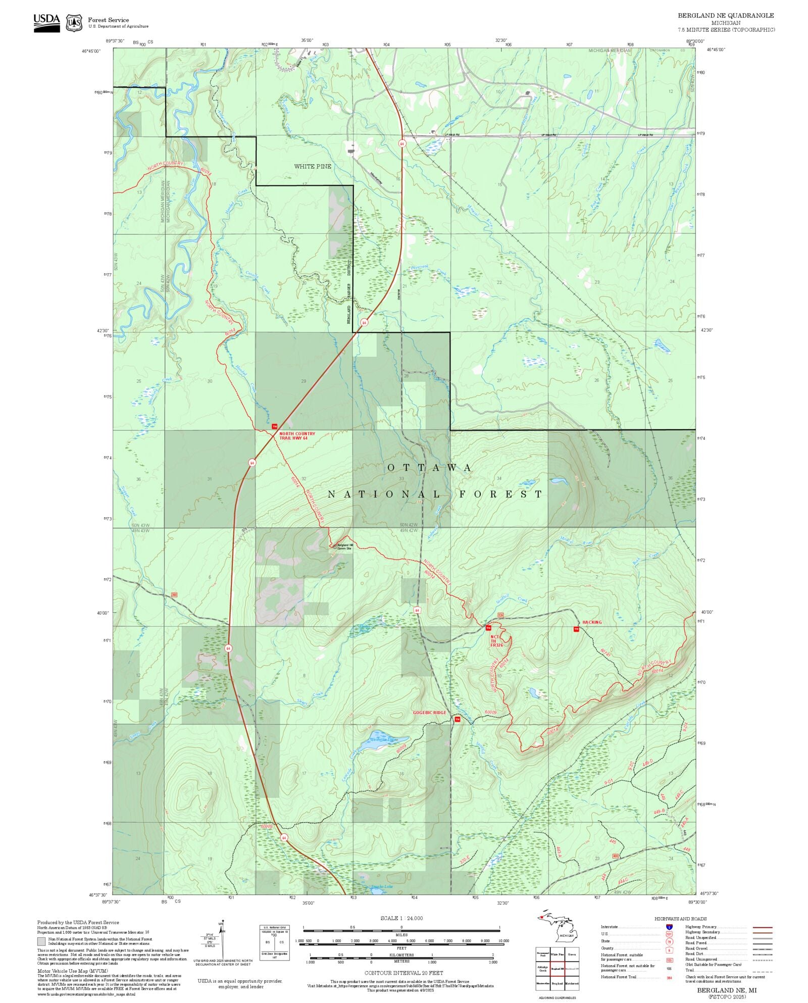 2025 Forest Service Topo Map of Bergland NE Michigan – MyTopo Map Store