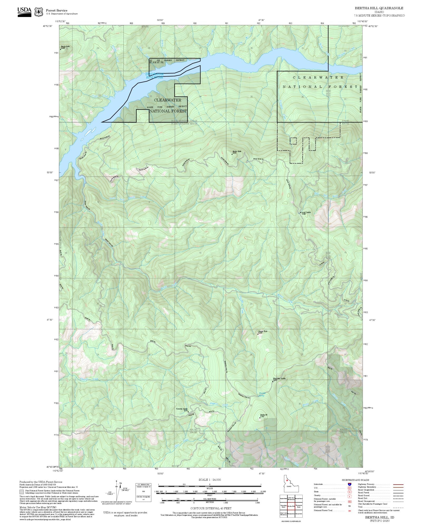 2025 Forest Service Topo Map of Bertha Hill Idaho – MyTopo Map Store