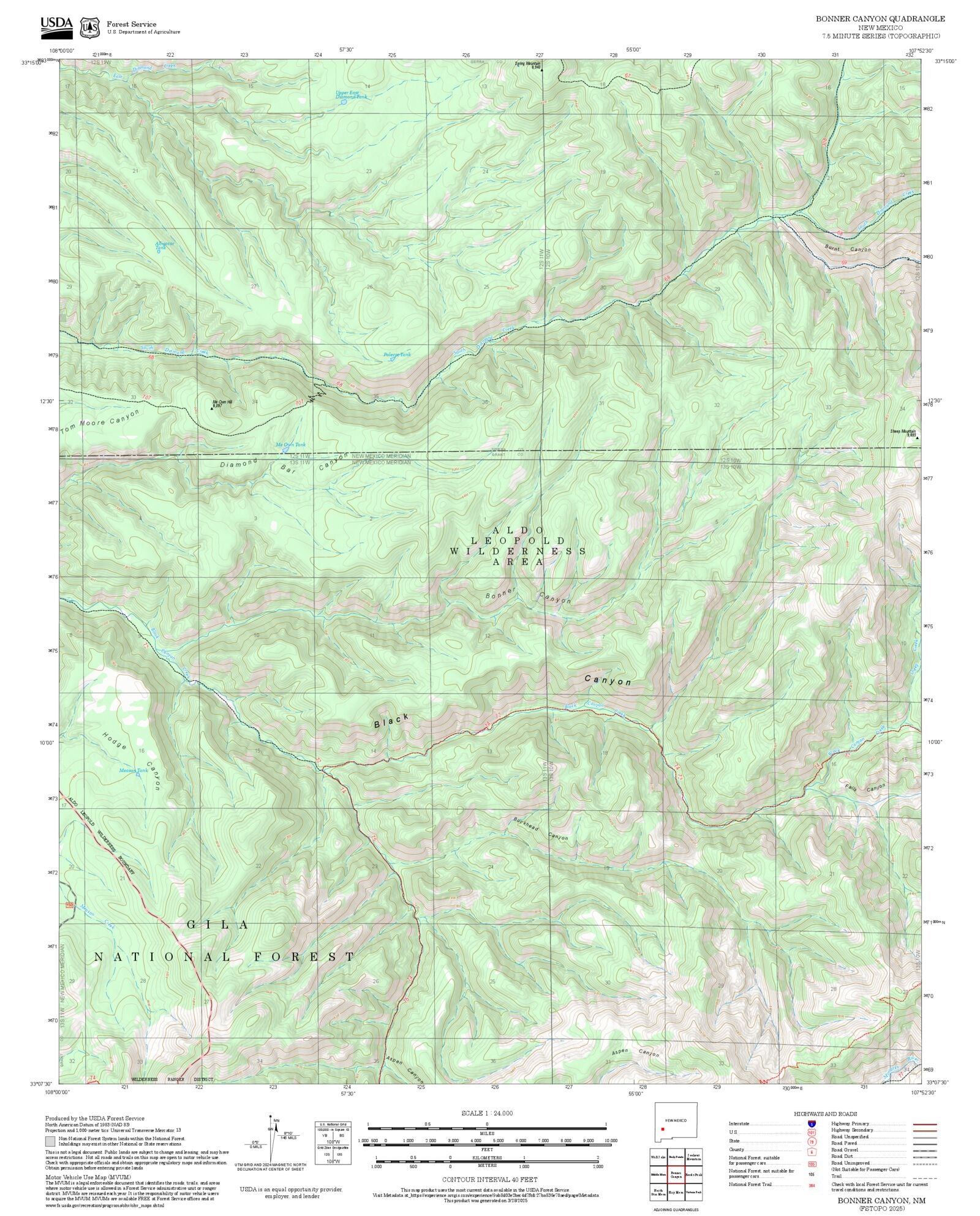 2025 Forest Service Topo Map of Bonner Canyon New Mexico – MyTopo Map Store