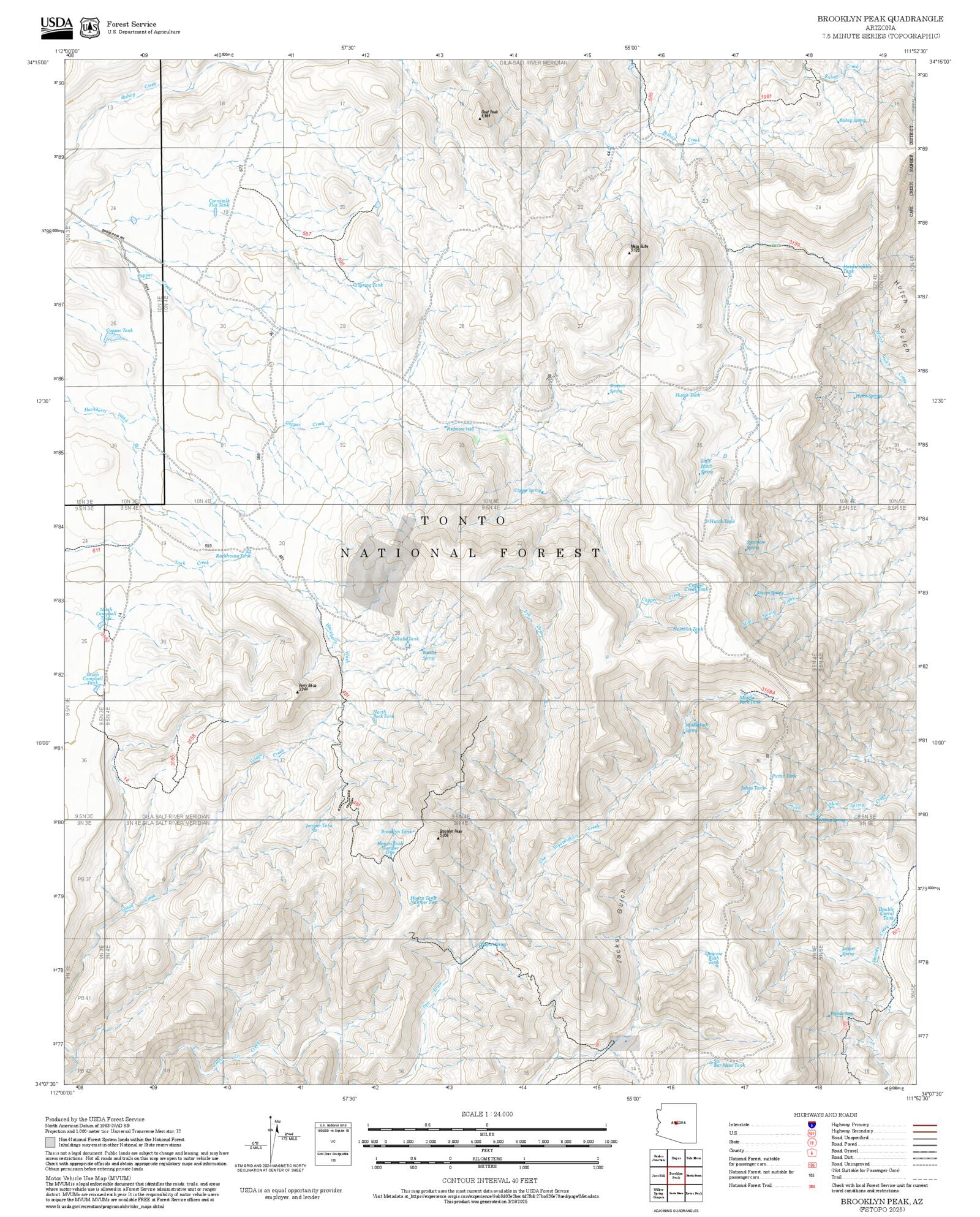 2025 Forest Service Topo Map of Brooklyn Peak Arizona – MyTopo Map Store
