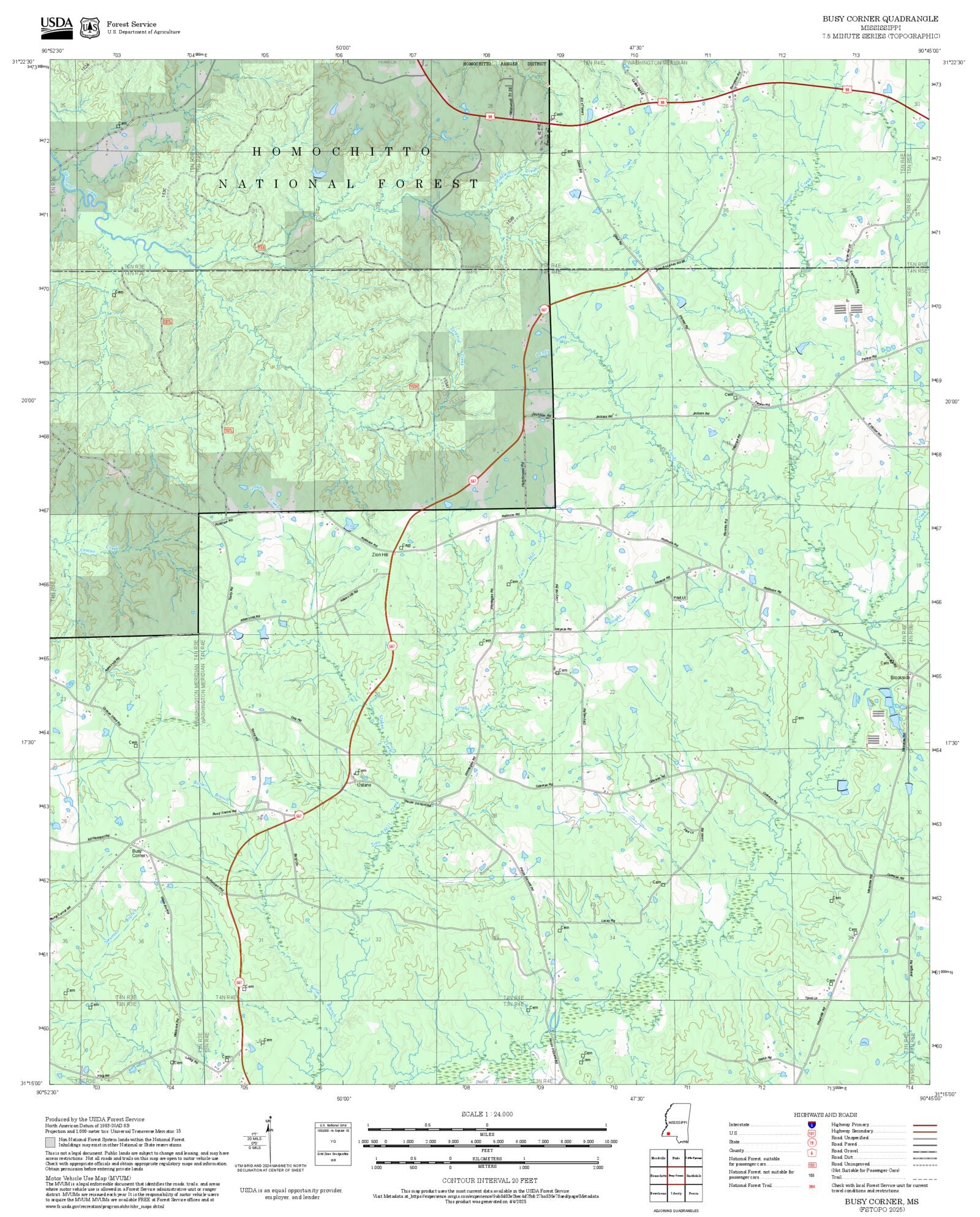 2025 Forest Service Topo Map of Busy Corner Mississippi – MyTopo Map Store