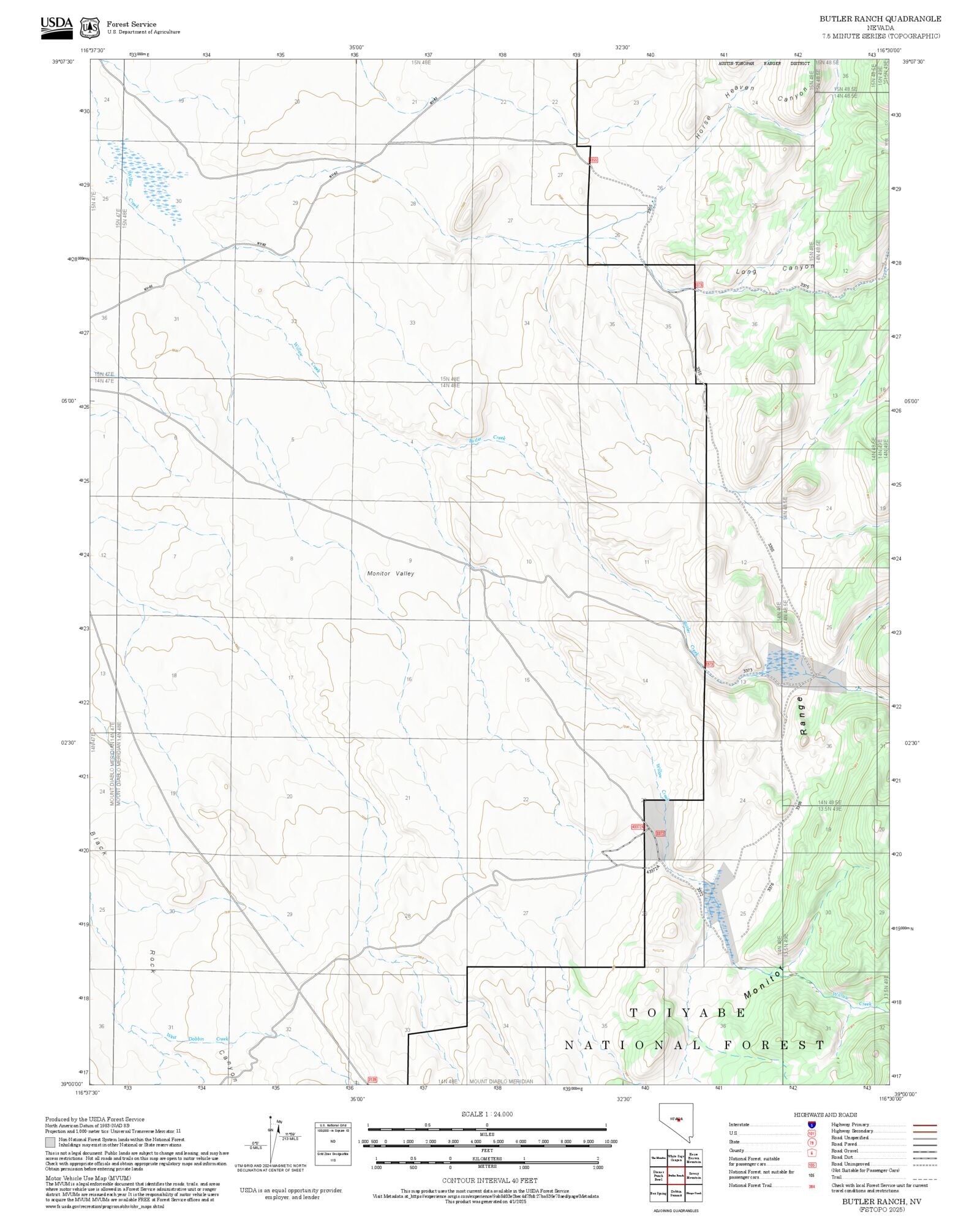 2025 Forest Service Topo Map of Butler Ranch Nevada – MyTopo Map Store
