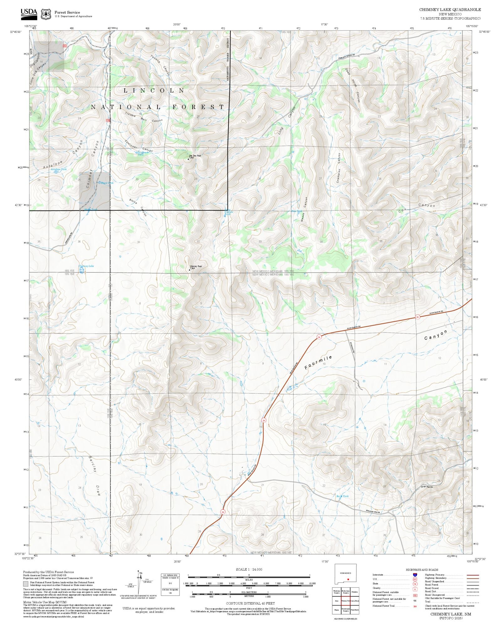 2025 Forest Service Topo Map of Chimney Lake New Mexico – MyTopo Map Store