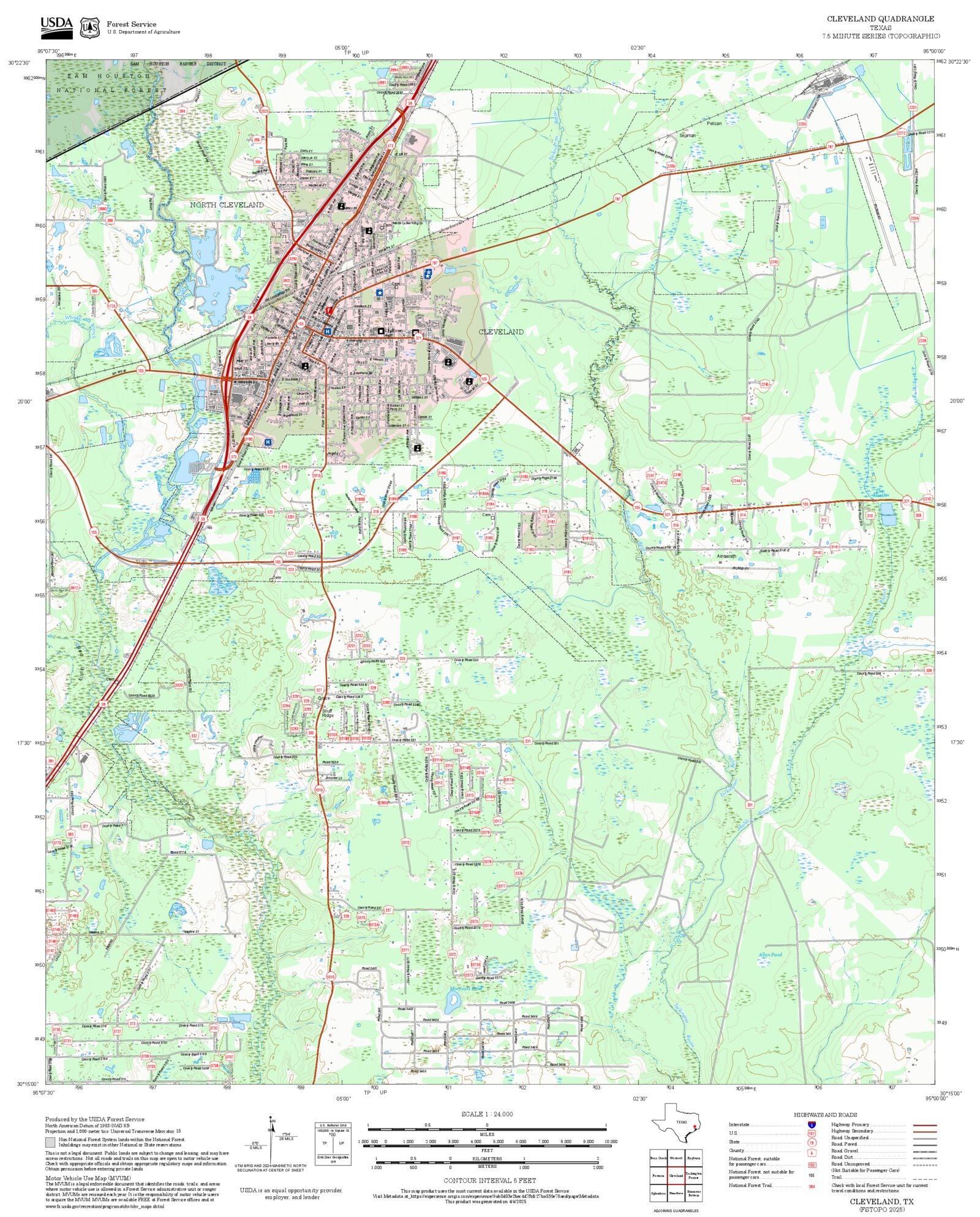 2025 Forest Service Topo Map of Cleveland Texas – MyTopo Map Store