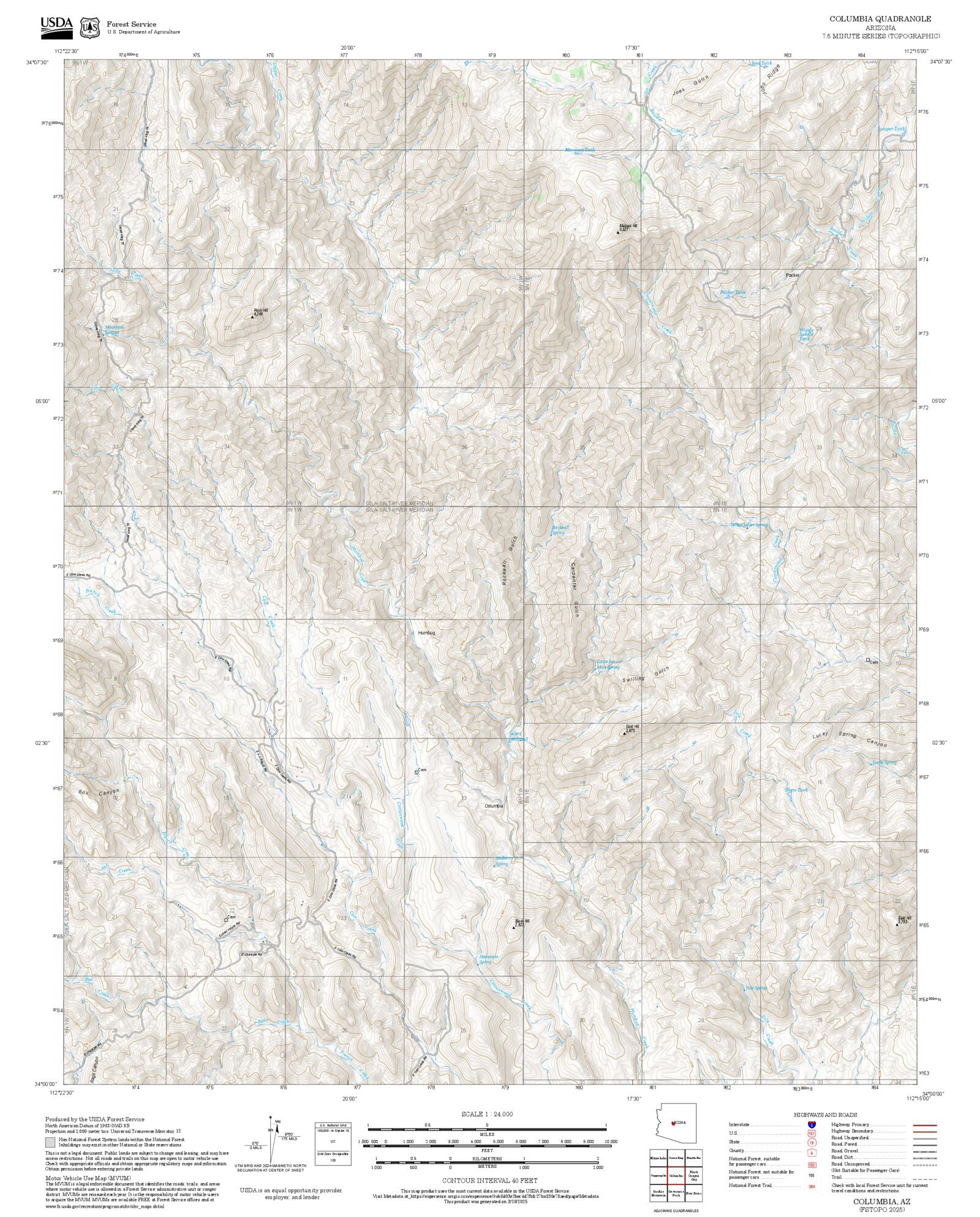 2025 Forest Service Topo Map of Columbia Arizona – MyTopo Map Store