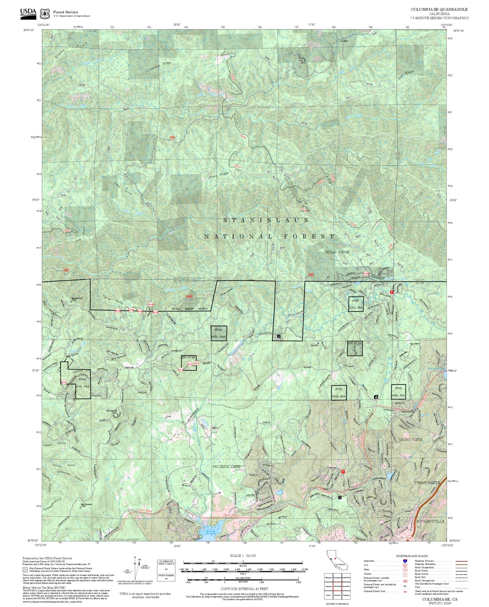 2025 Forest Service Topo Map of Columbia SE California – MyTopo Map Store