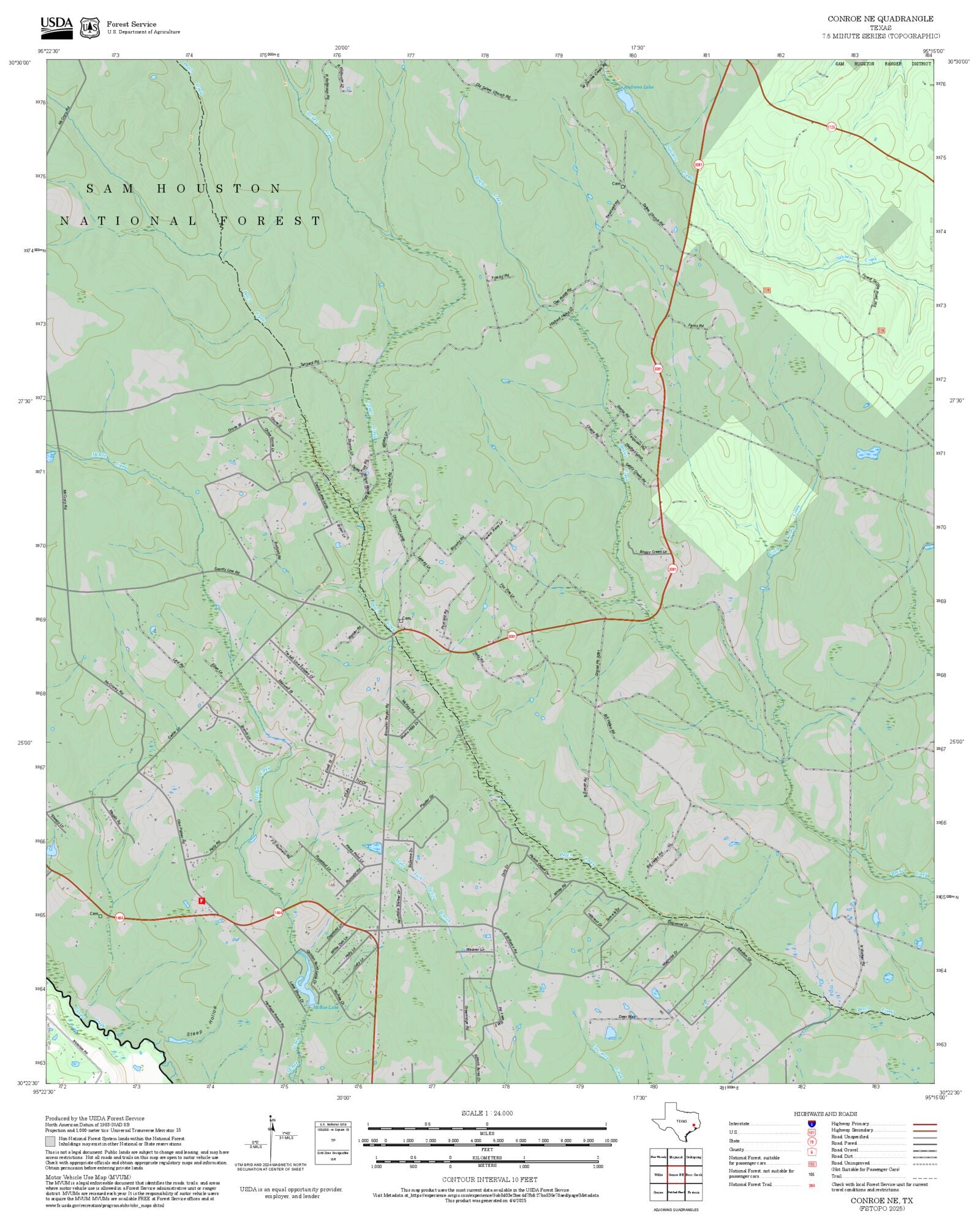 2025 Forest Service Topo Map of Conroe NE Texas – MyTopo Map Store