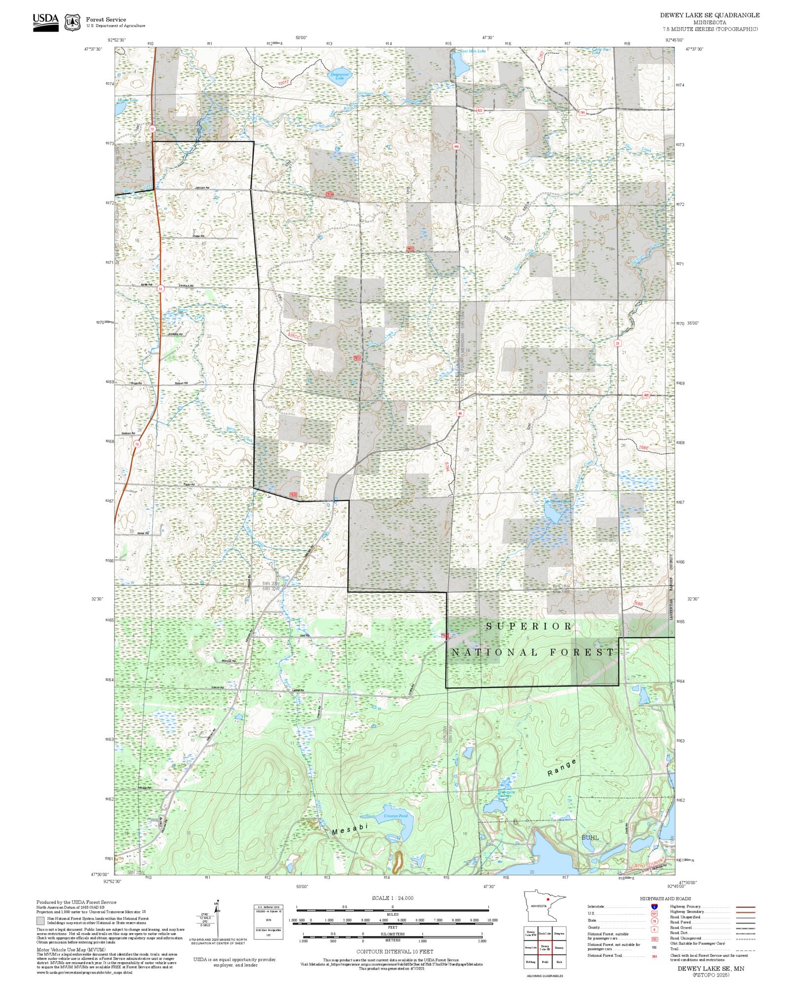 2025 Forest Service Topo Map of Dewey Lake SE Minnesota – MyTopo Map Store