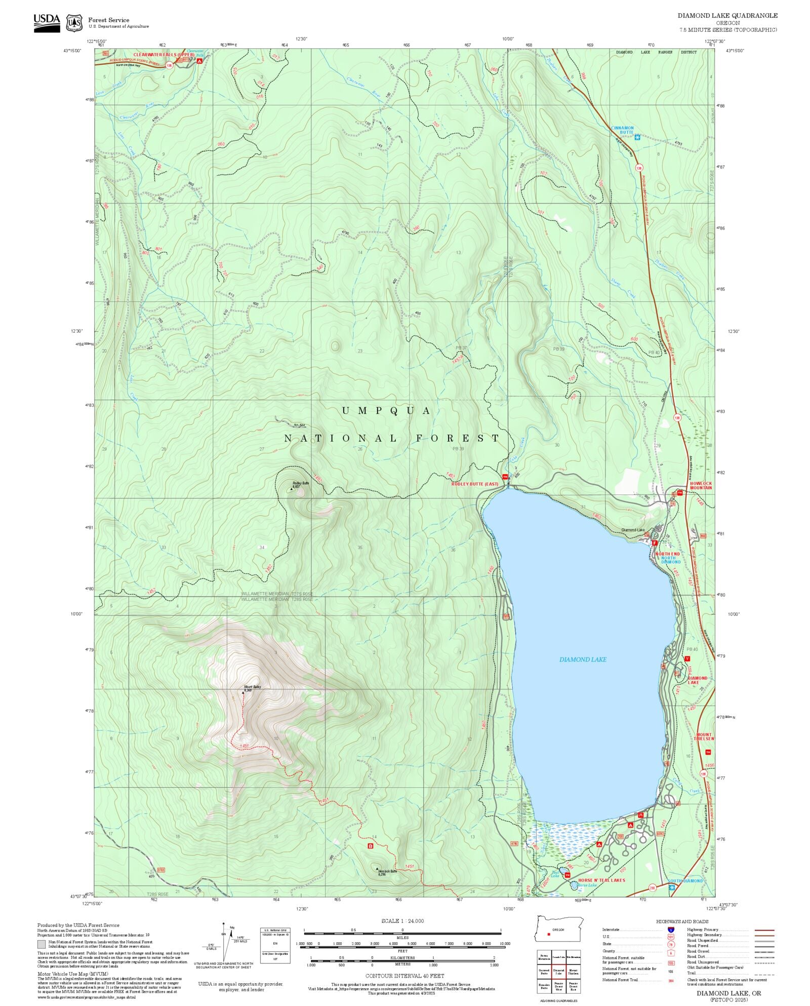 2025 Forest Service Topo Map of Diamond Lake Oregon – MyTopo Map Store