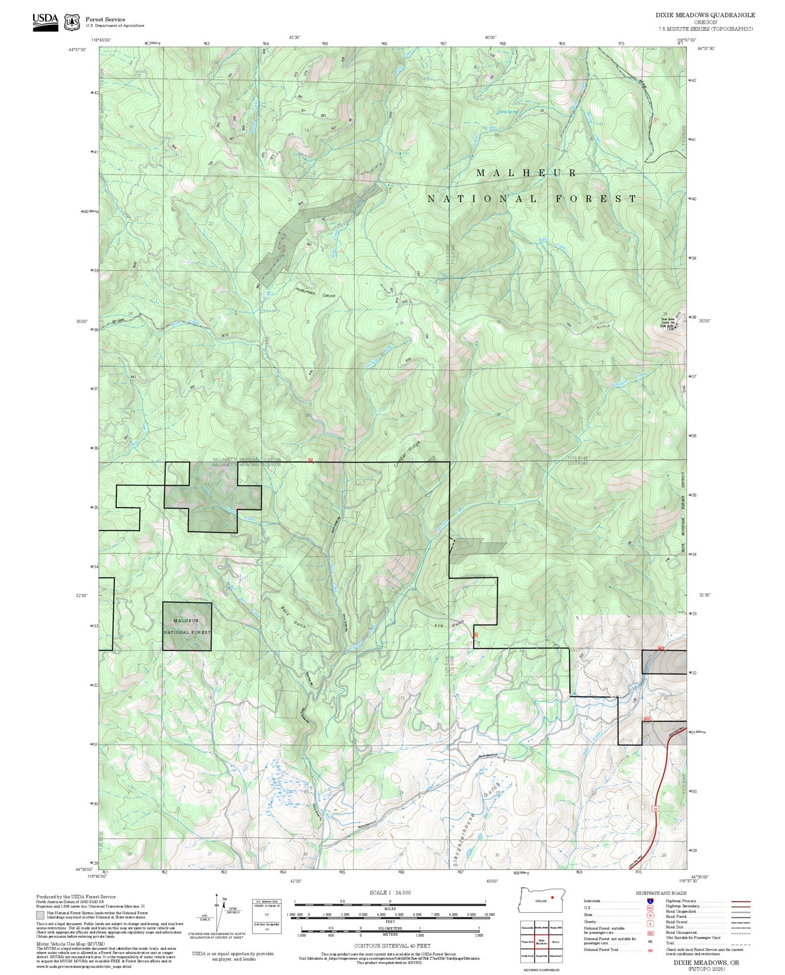 2025 Forest Service Topo Map of Dixie Meadows Oregon – MyTopo Map Store