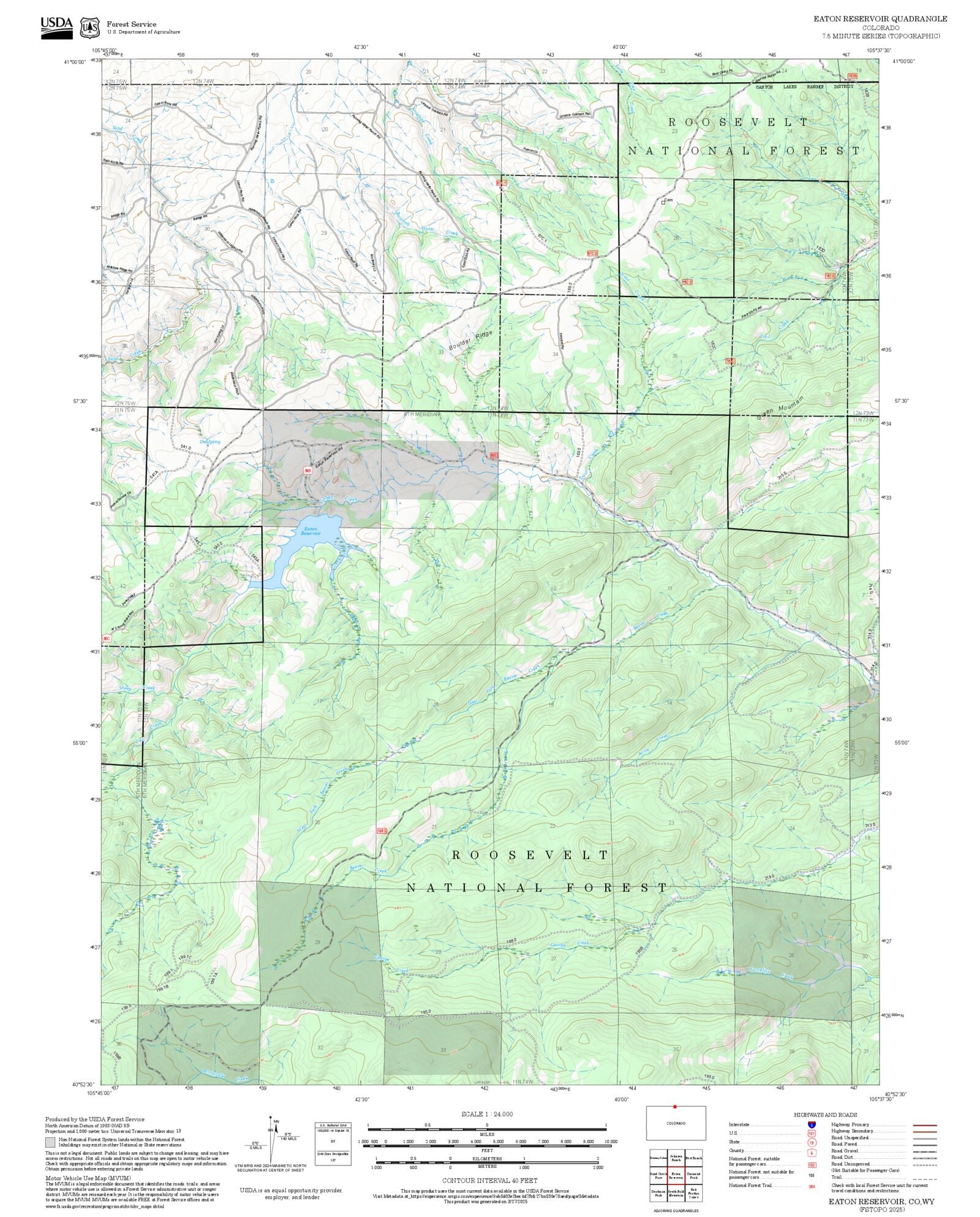 2025 Forest Service Topo Map of Eaton Reservoir Colorado – MyTopo Map Store