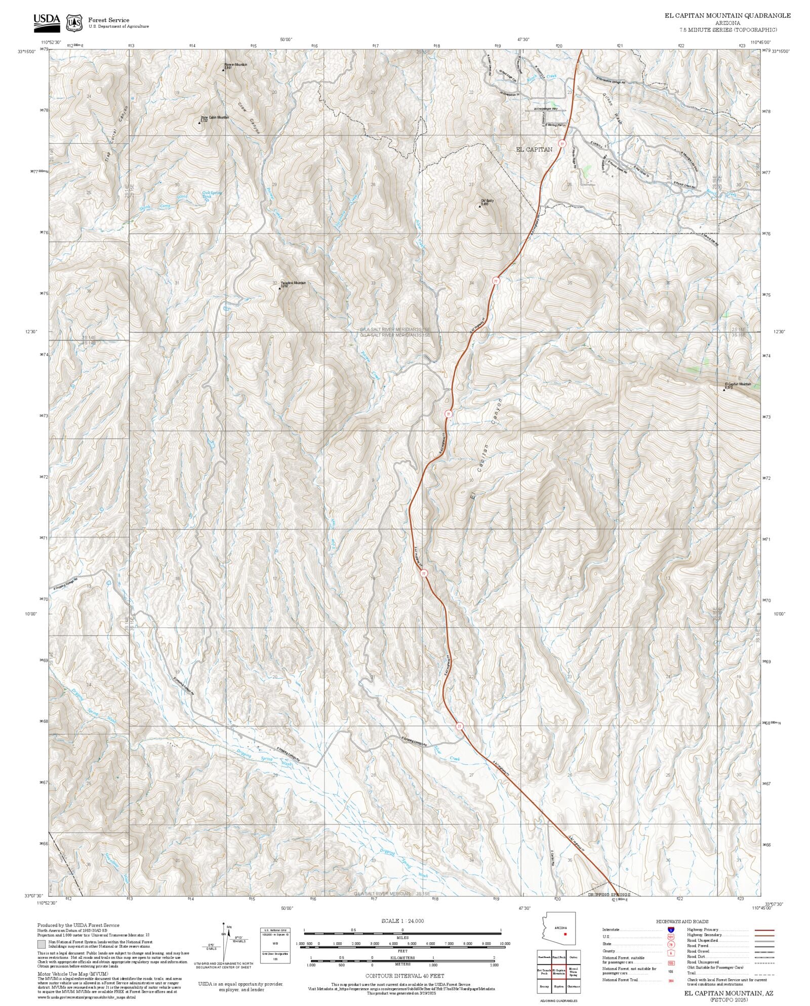 2025 Forest Service Topo Map of El Capitan Mountain Arizona – MyTopo ...