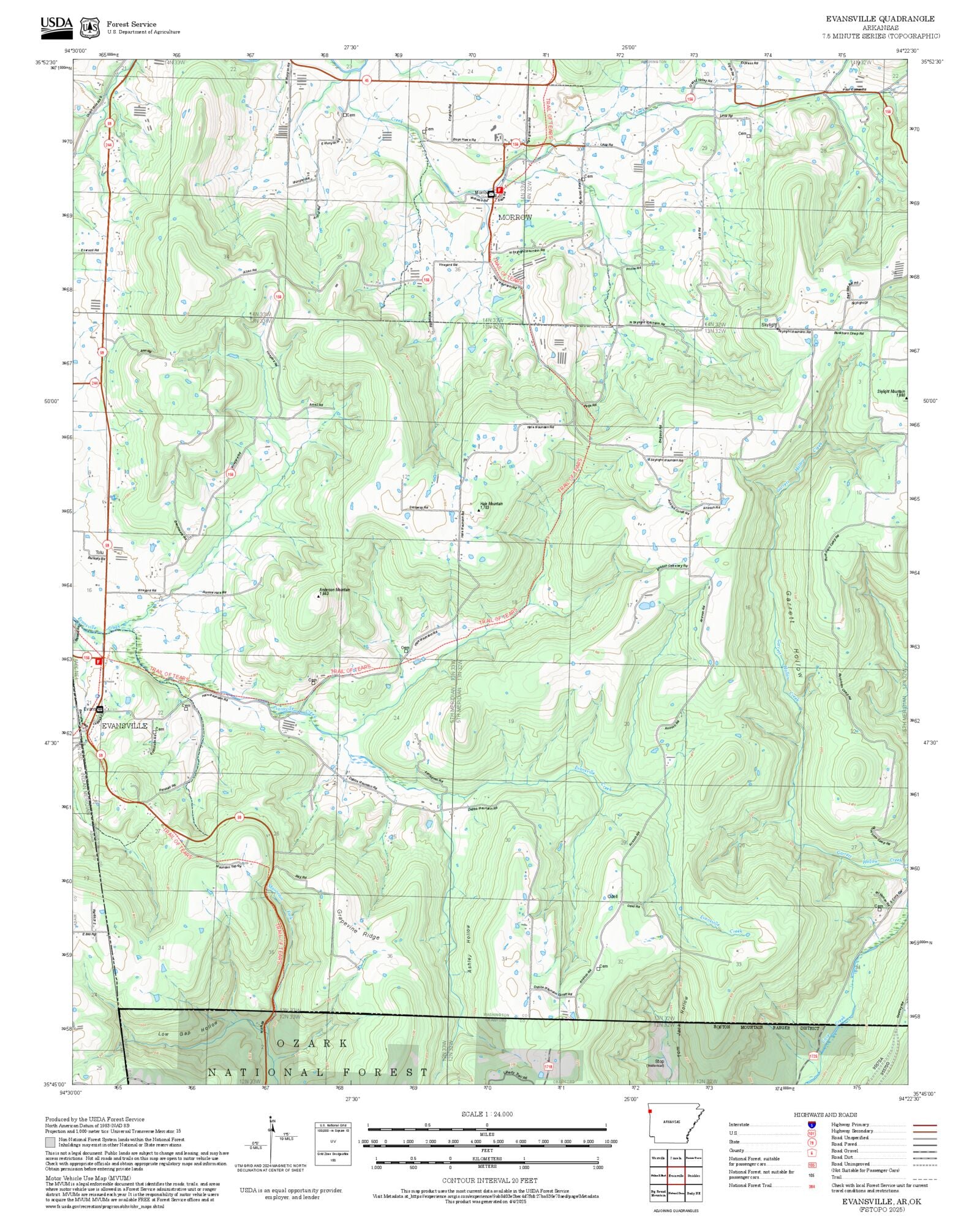 2025 Forest Service Topo Map of Evansville Arkansas – MyTopo Map Store