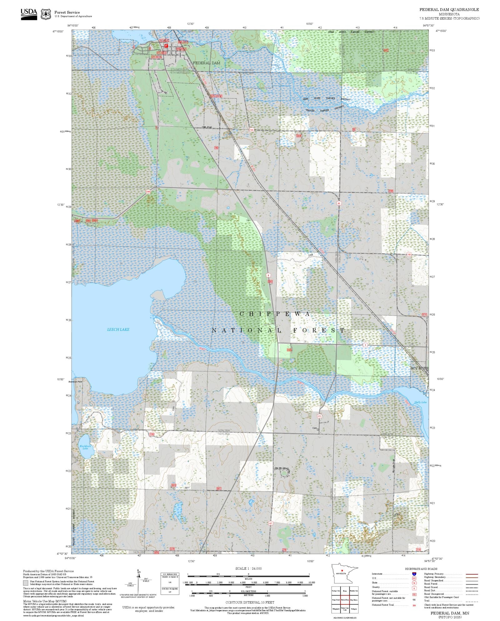 2025 Forest Service Topo Map of Federal Dam Minnesota – MyTopo Map Store