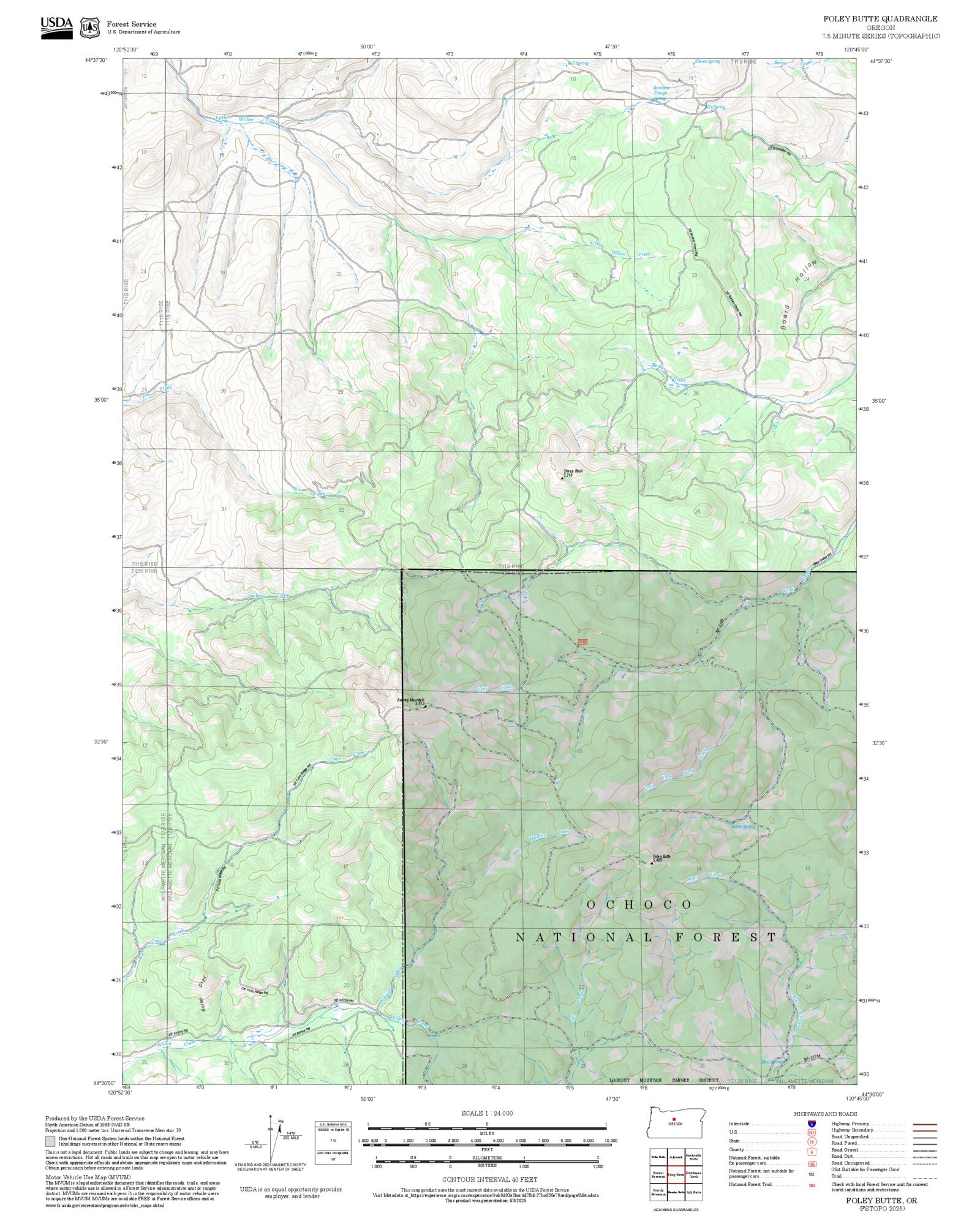2025 Forest Service Topo Map of Foley Butte Oregon – MyTopo Map Store