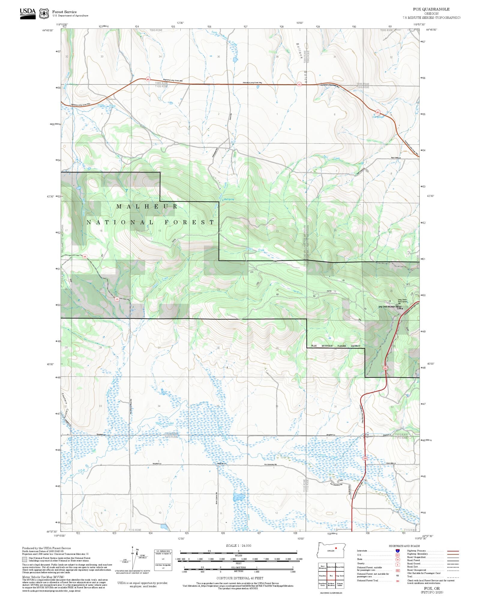 2025 Forest Service Topo Map of Fox Oregon – MyTopo Map Store