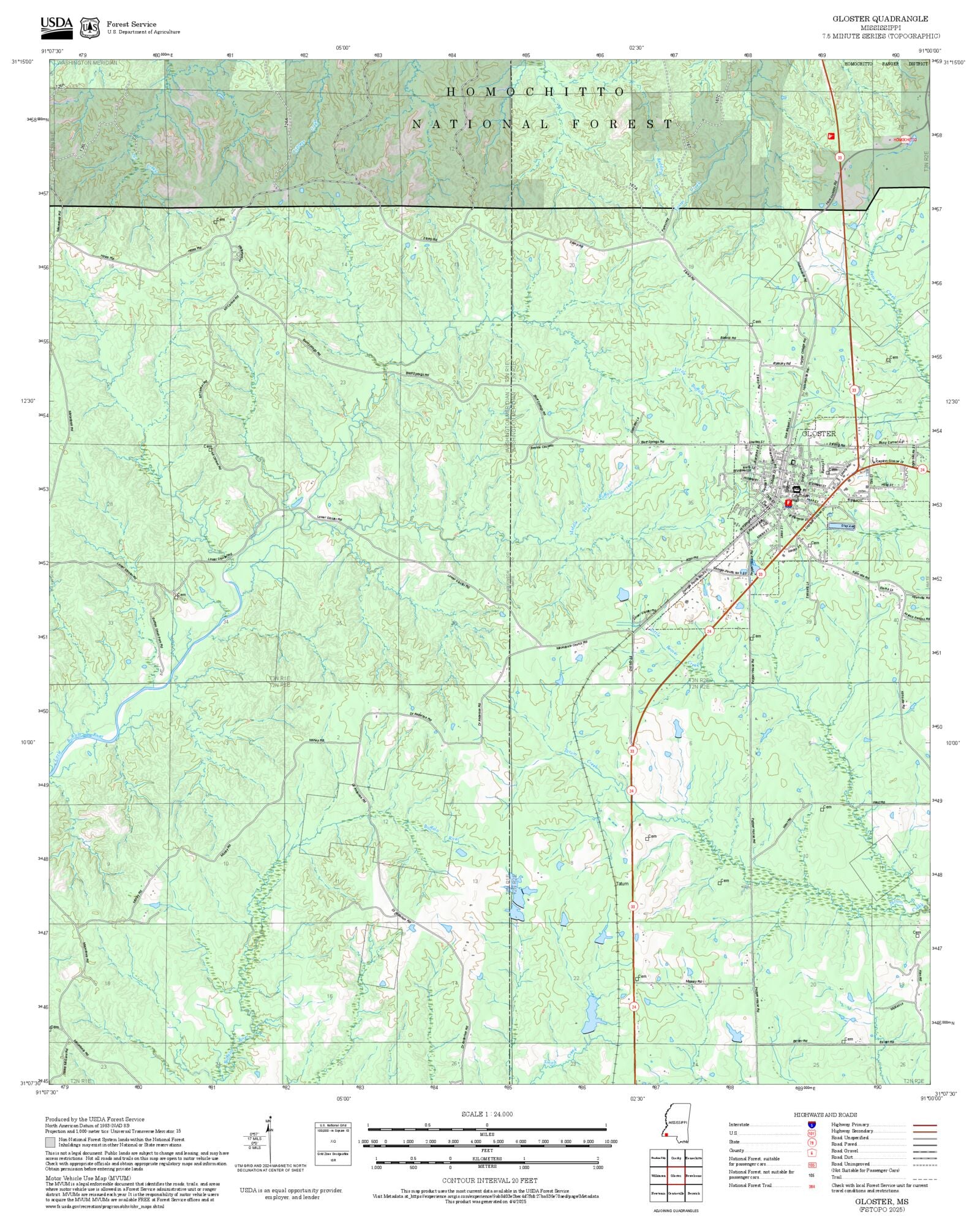 2025 Forest Service Topo Map of Gloster Mississippi – MyTopo Map Store