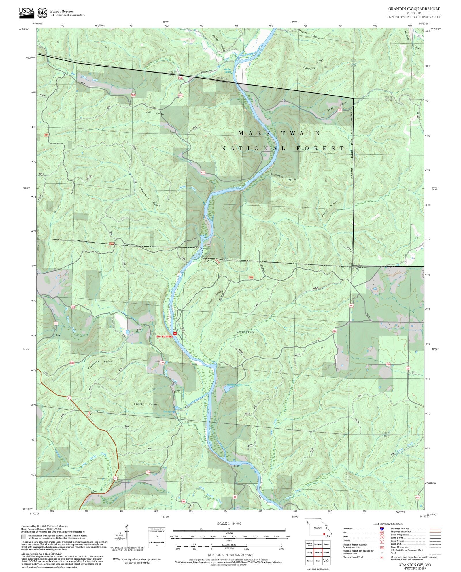 2025 Forest Service Topo Map of Grandin SW Missouri – MyTopo Map Store