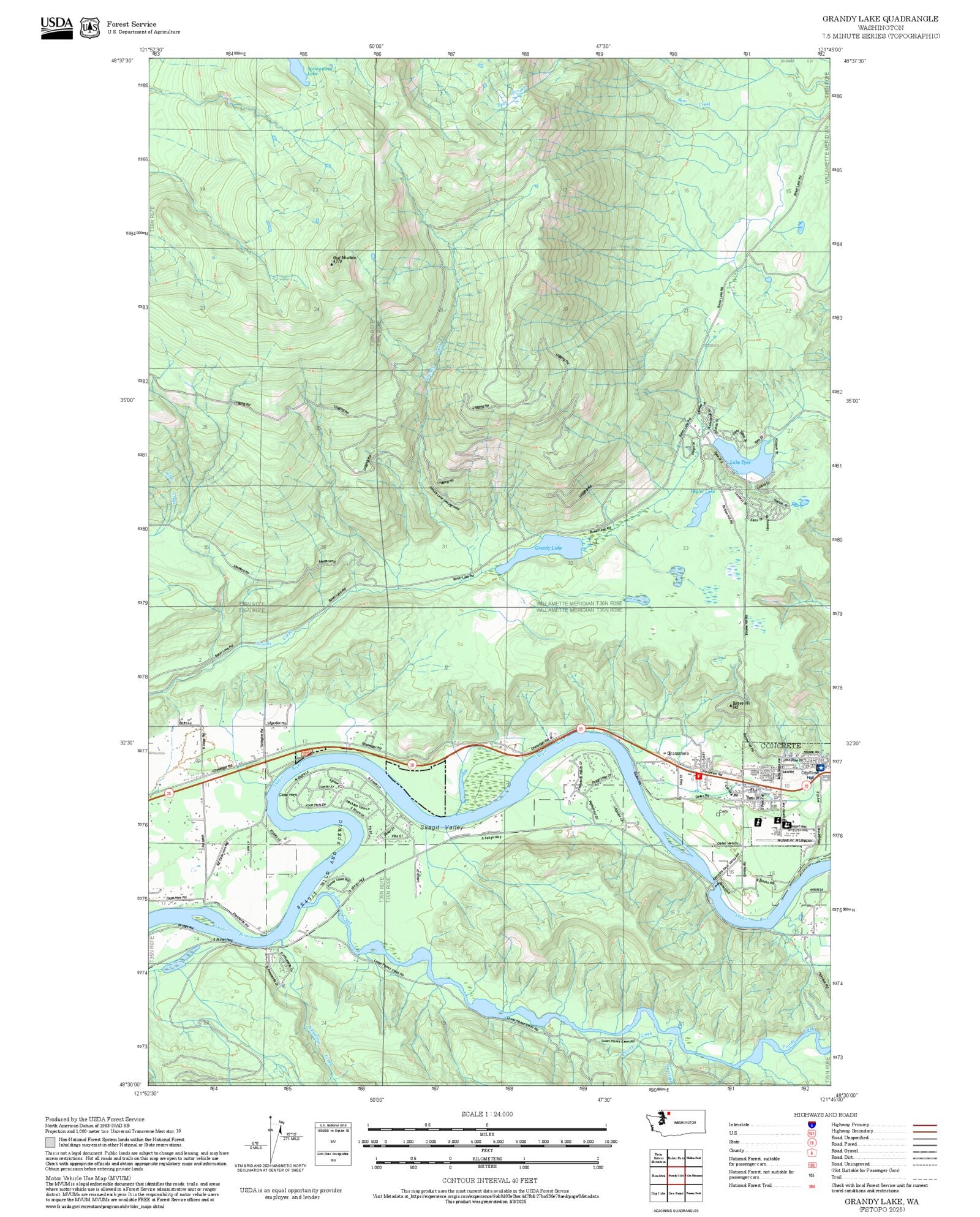 2025 Forest Service Topo Map of Grandy Lake Washington – MyTopo Map Store