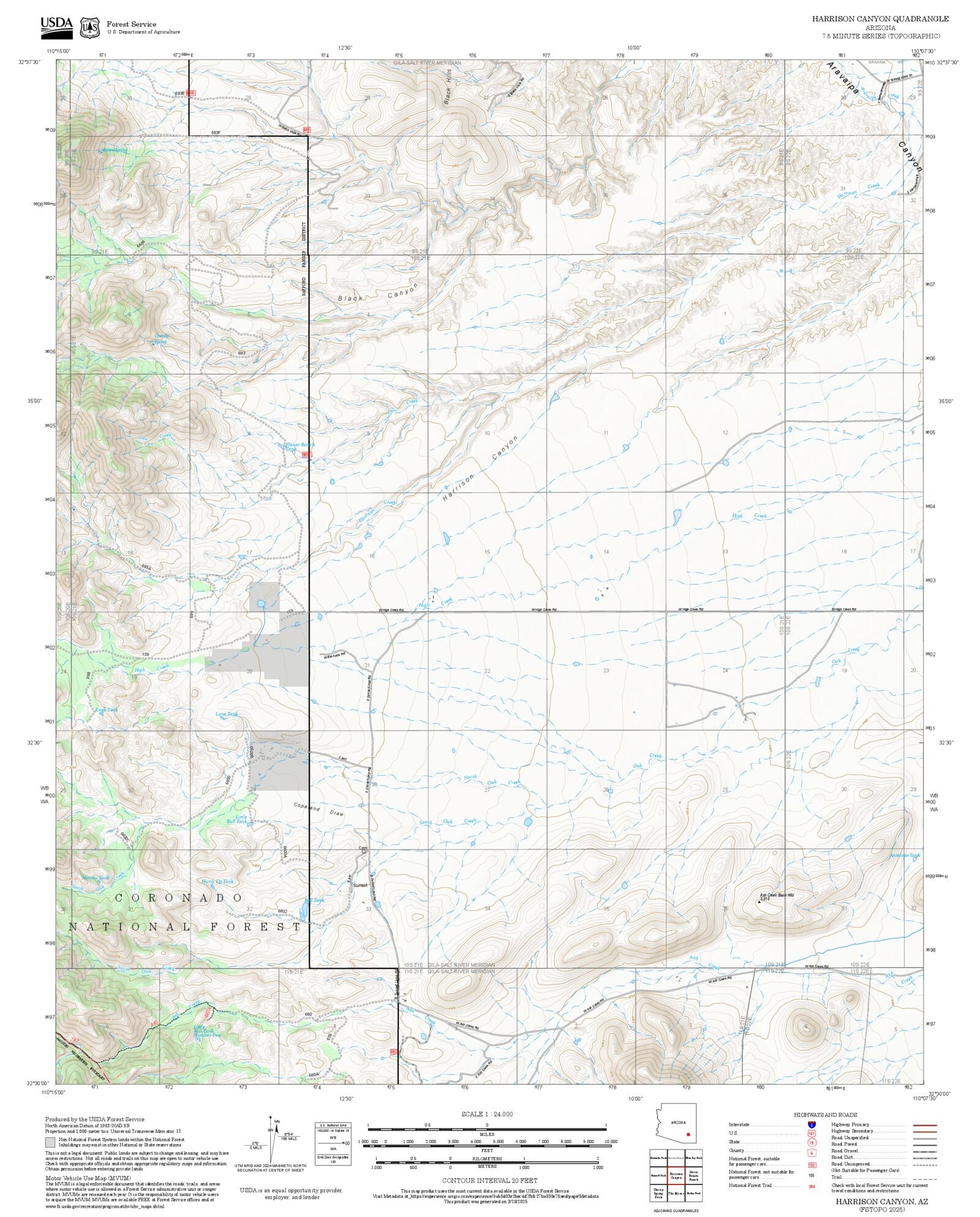 2025 Forest Service Topo Map of Harrison Canyon Arizona – MyTopo Map Store