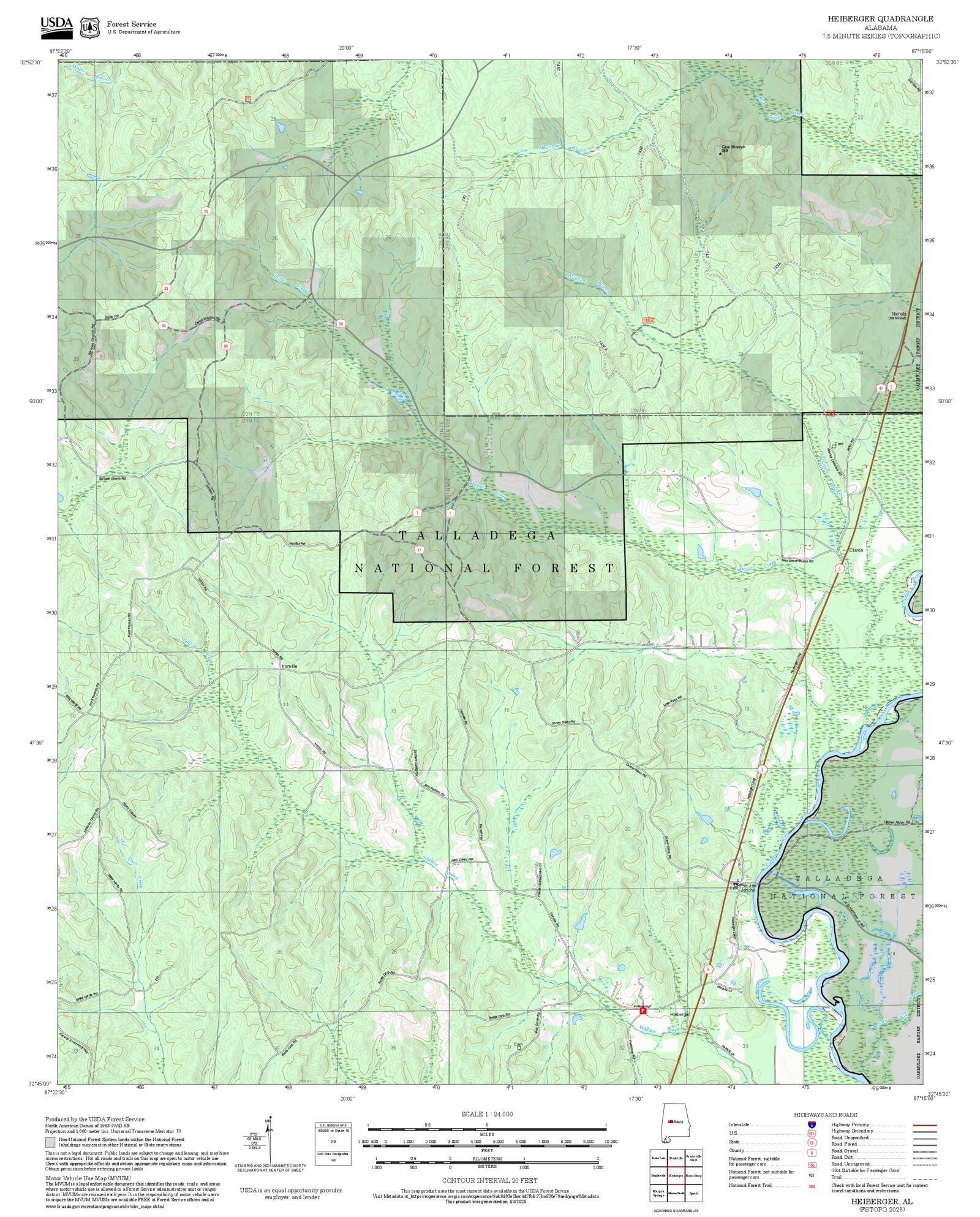 2025 Forest Service Topo Map of Heiberger Alabama – MyTopo Map Store