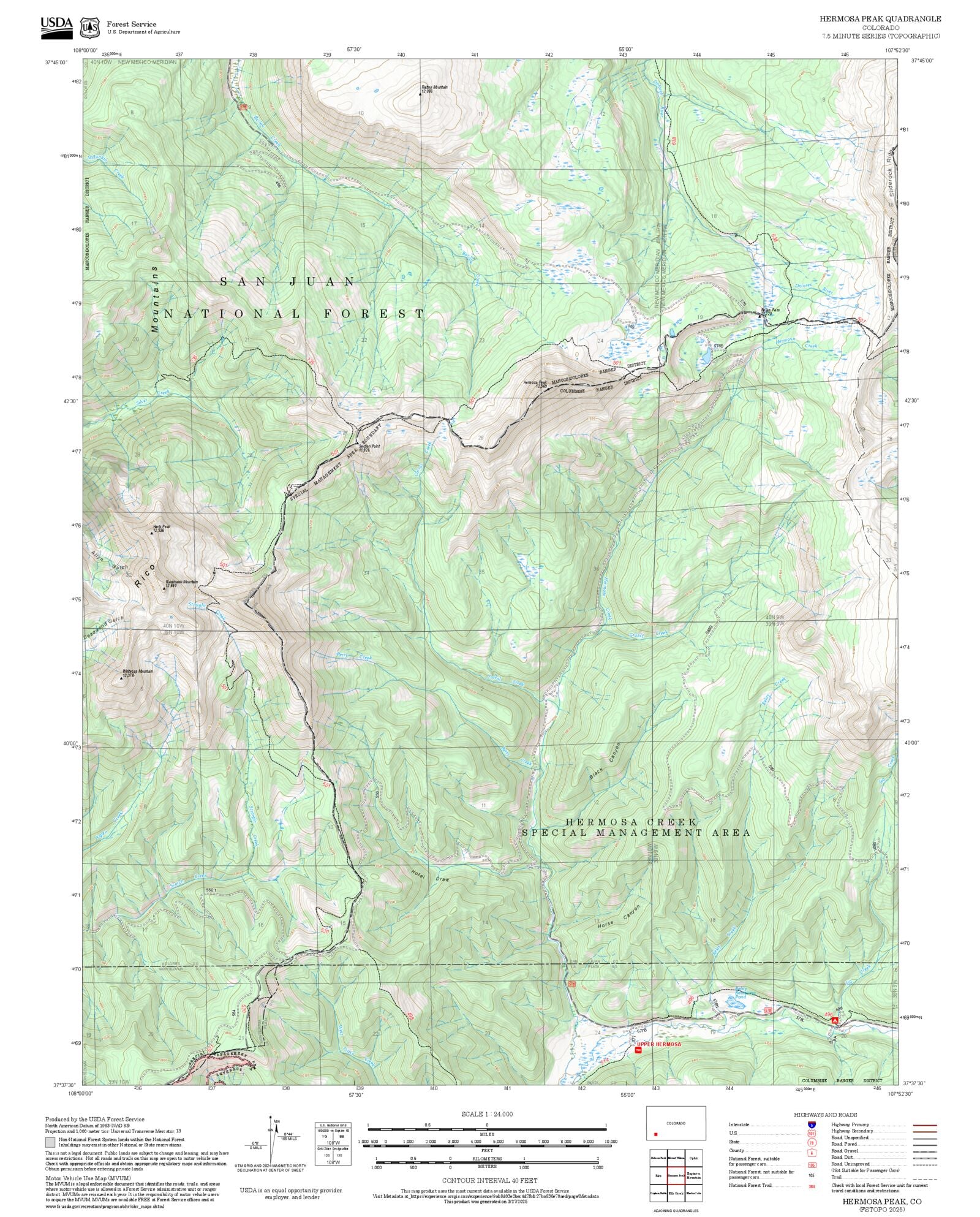 2025 Forest Service Topo Map of Hermosa Peak Colorado – MyTopo Map Store
