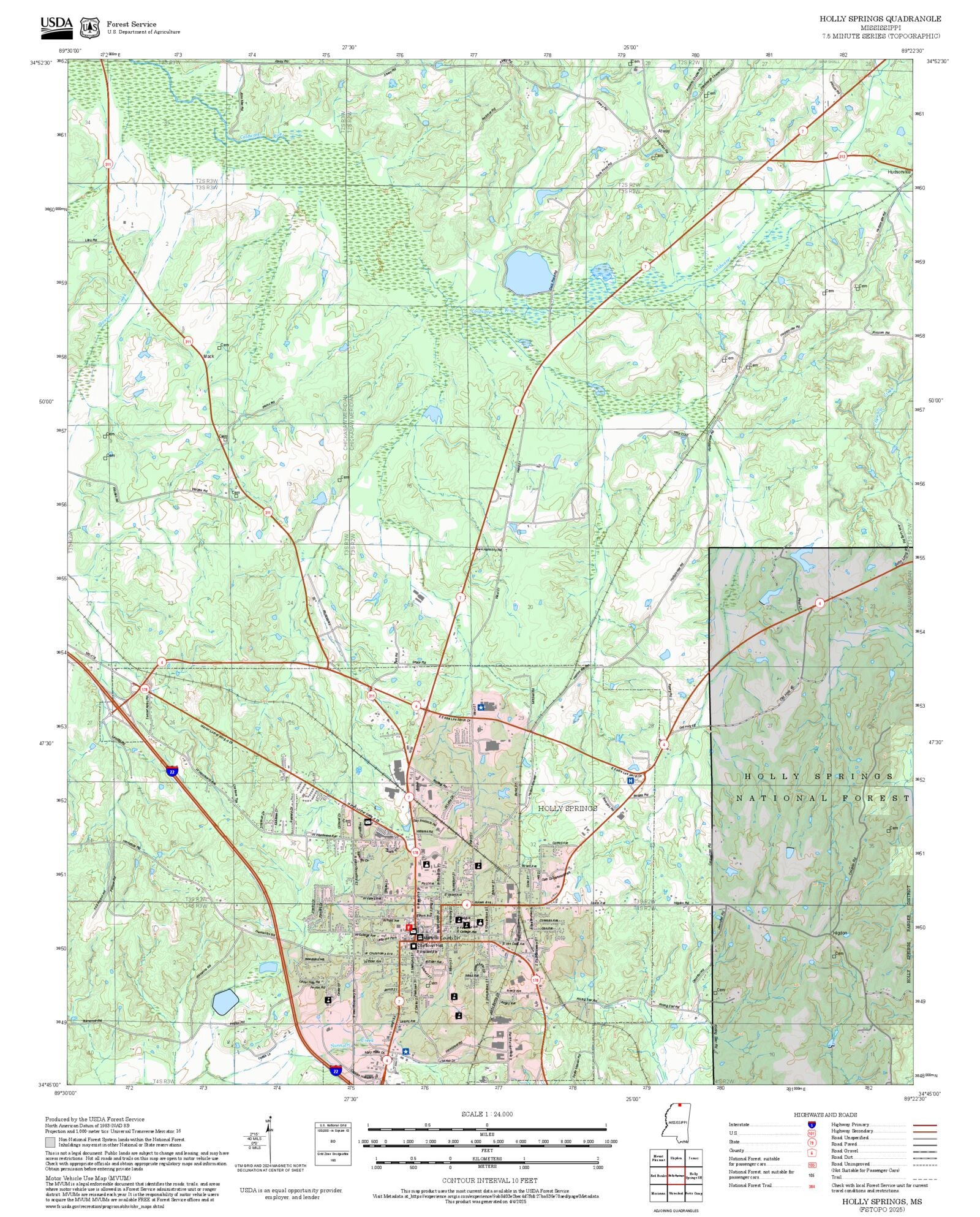 2025 Forest Service Topo Map of Holly Springs Mississippi – MyTopo Map ...