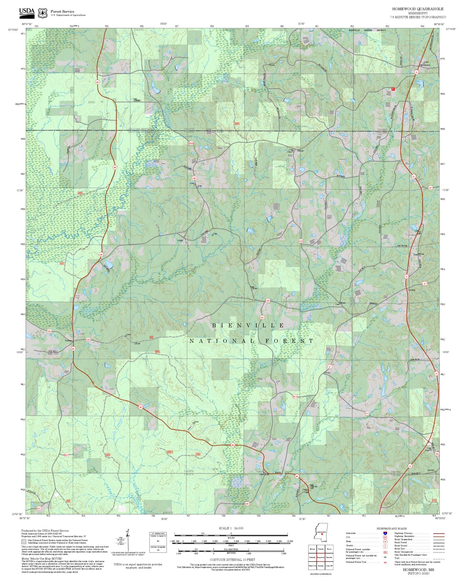 2025 Forest Service Topo Map of Homewood Mississippi – MyTopo Map Store