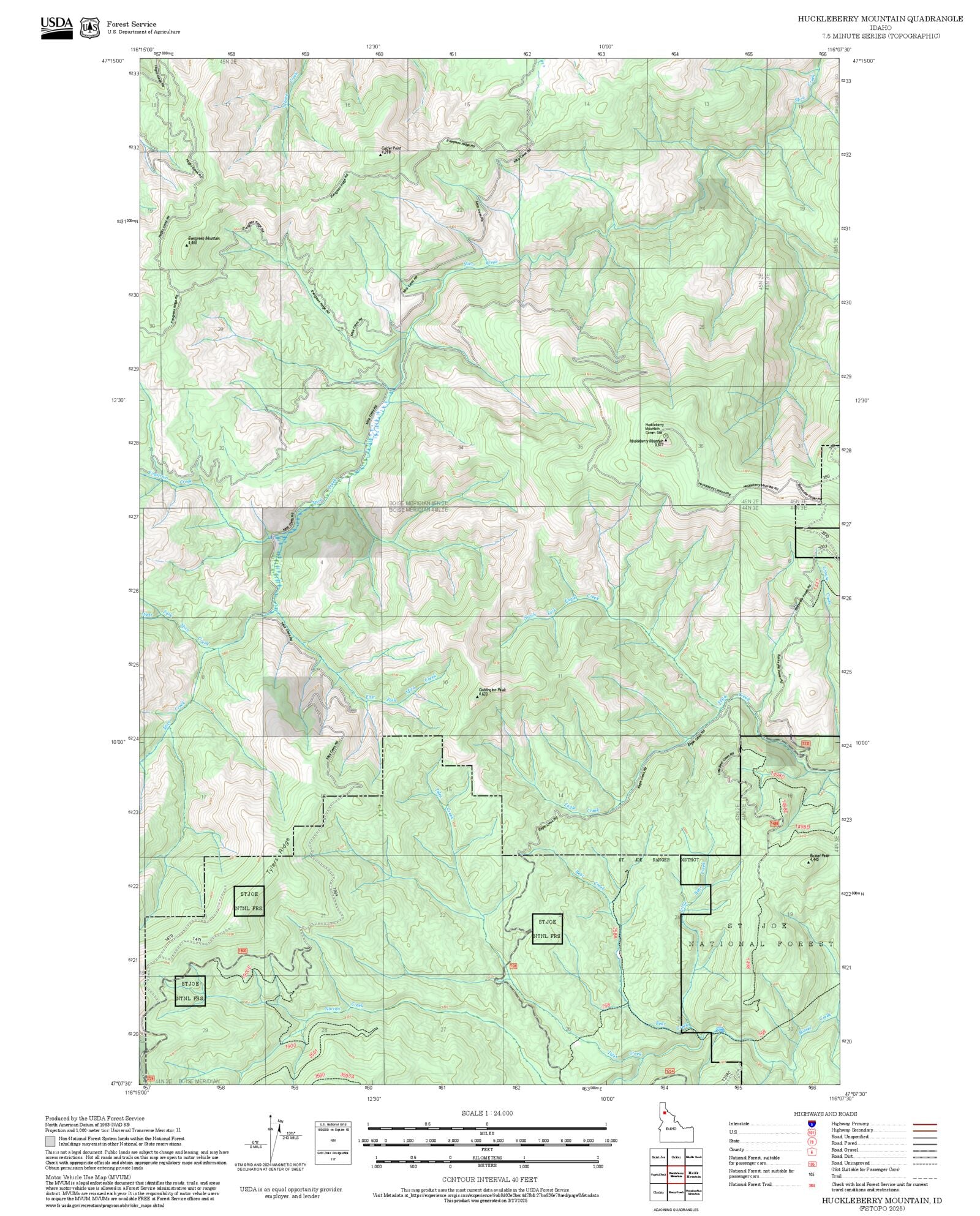2025 Forest Service Topo Map of Huckleberry Mountain Idaho – MyTopo Map ...