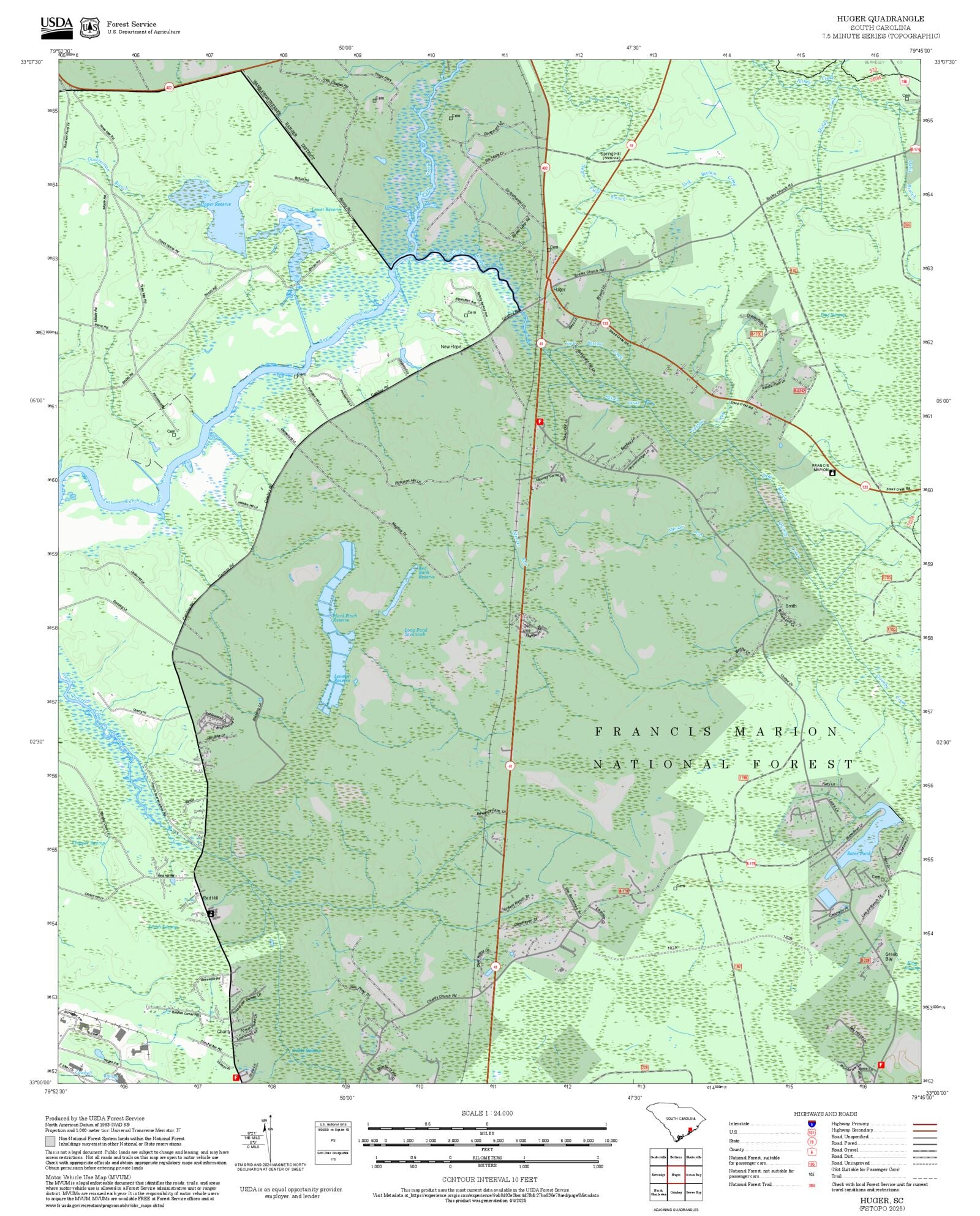 2025 Forest Service Topo Map of Huger South Carolina – MyTopo Map Store