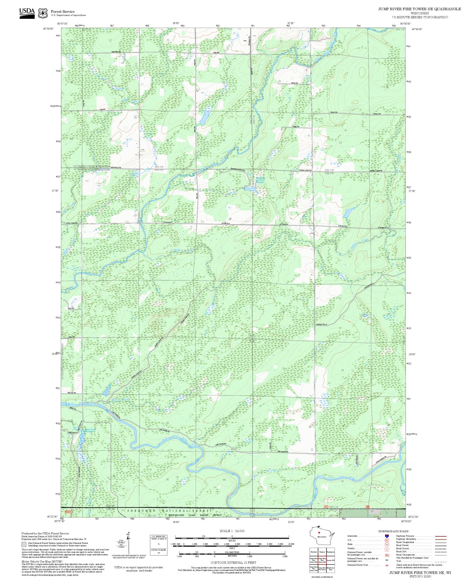 2025 Forest Service Topo Map of Jump River Fire Tower NE Wisconsin ...
