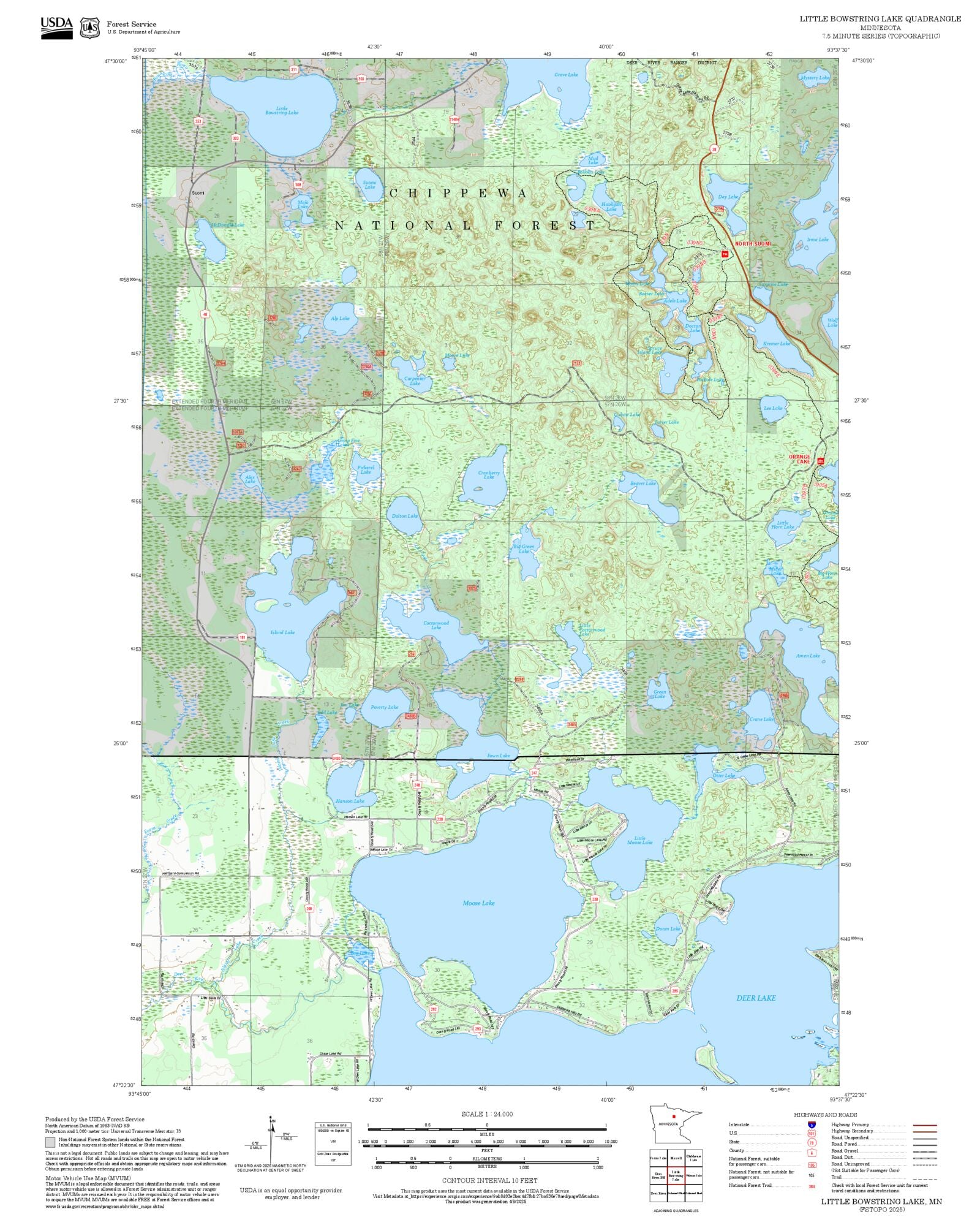 2025 Forest Service Topo Map of Little Bowstring Lake Minnesota ...