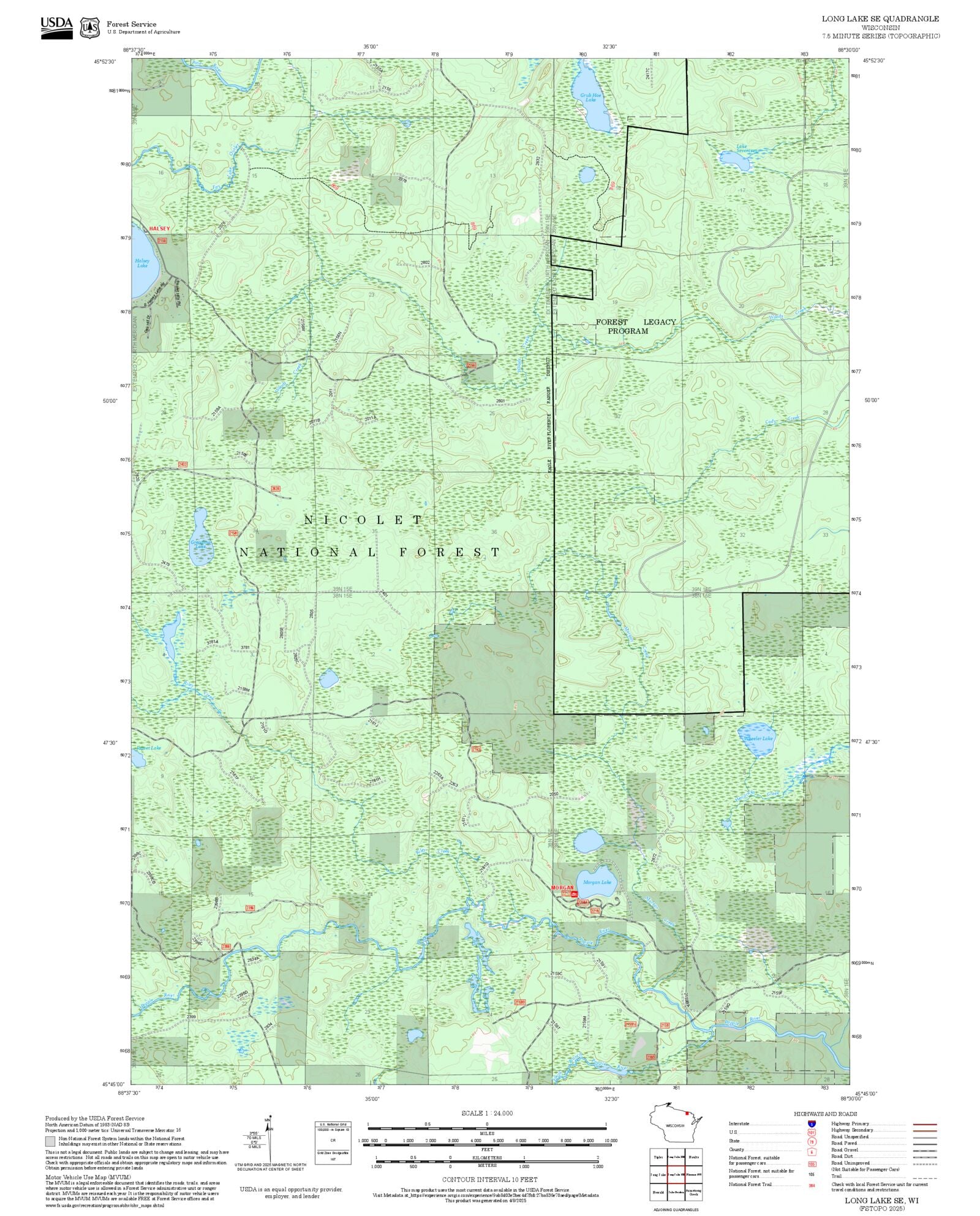 2025 Forest Service Topo Map of Long Lake SE Wisconsin – MyTopo Map Store
