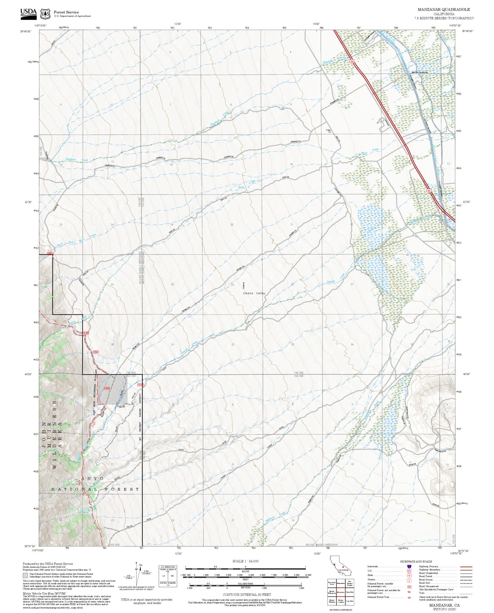2025 Forest Service Topo Map of Manzanar California – MyTopo Map Store