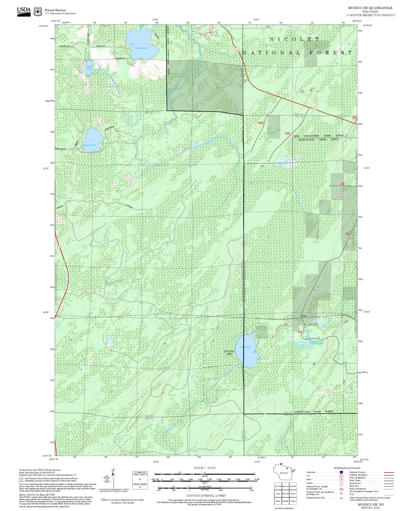 2025 Forest Service Topo Map of Monico NE Wisconsin – MyTopo Map Store