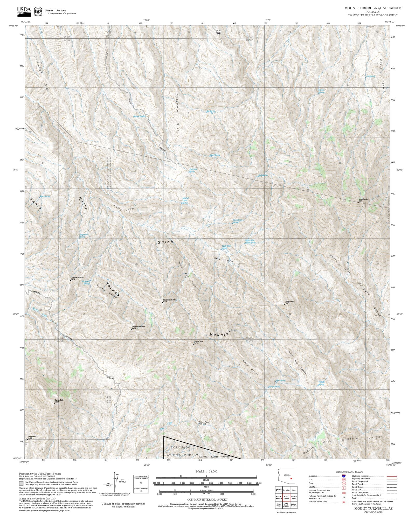 2025 Forest Service Topo Map of Mount Turnbull Arizona – MyTopo Map Store
