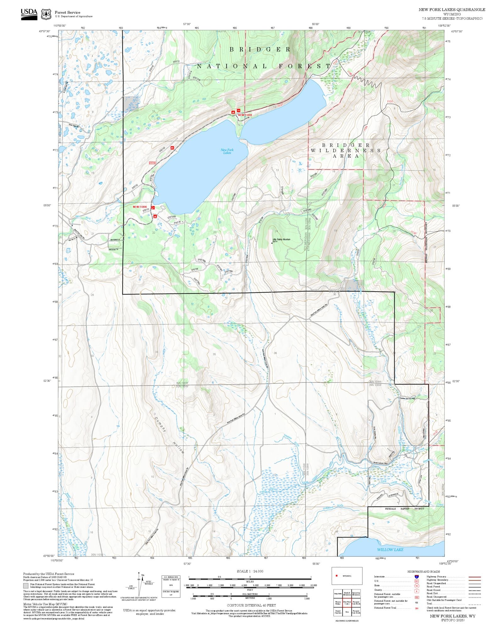 2025 Forest Service Topo Map of New Fork Lakes Wyoming – MyTopo Map Store