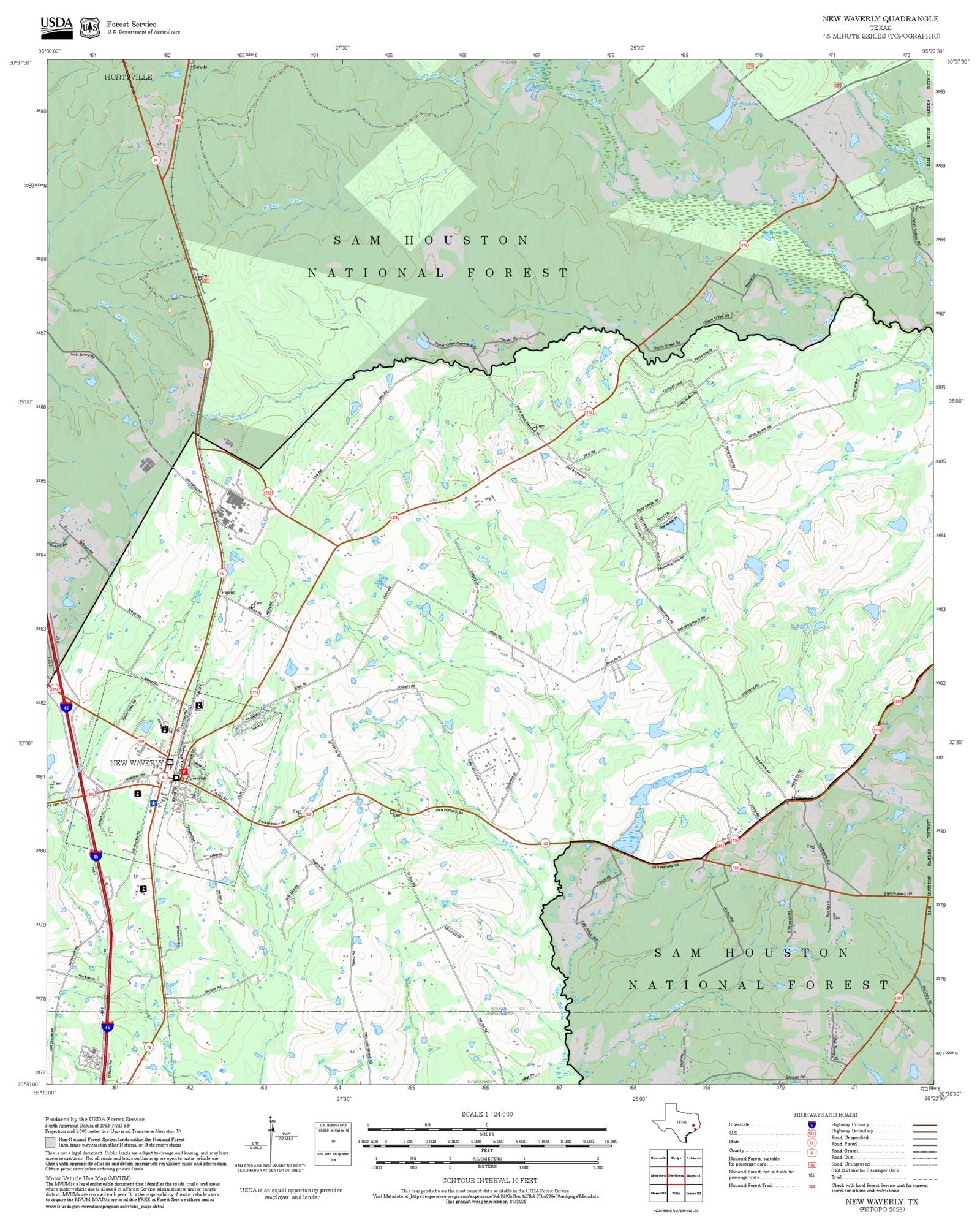 2025 Forest Service Topo Map of New Waverly Texas – MyTopo Map Store