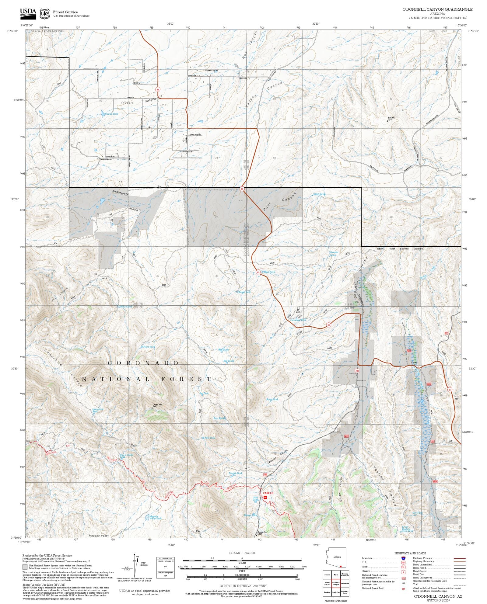 2025 Forest Service Topo Map of O'Donnell Canyon Arizona – MyTopo Map Store